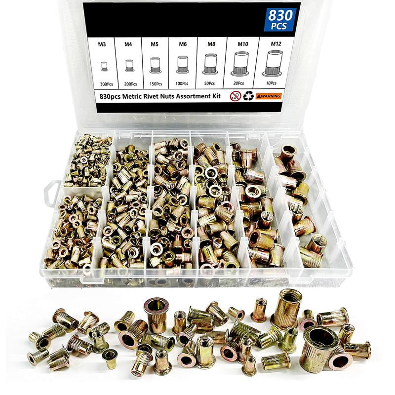 Rivet Nut Tool Kit, 830pcs SAE/Metric Rivet Nut Assortment Kit M3, M4, M5, M6, M8, M10, M12 ...