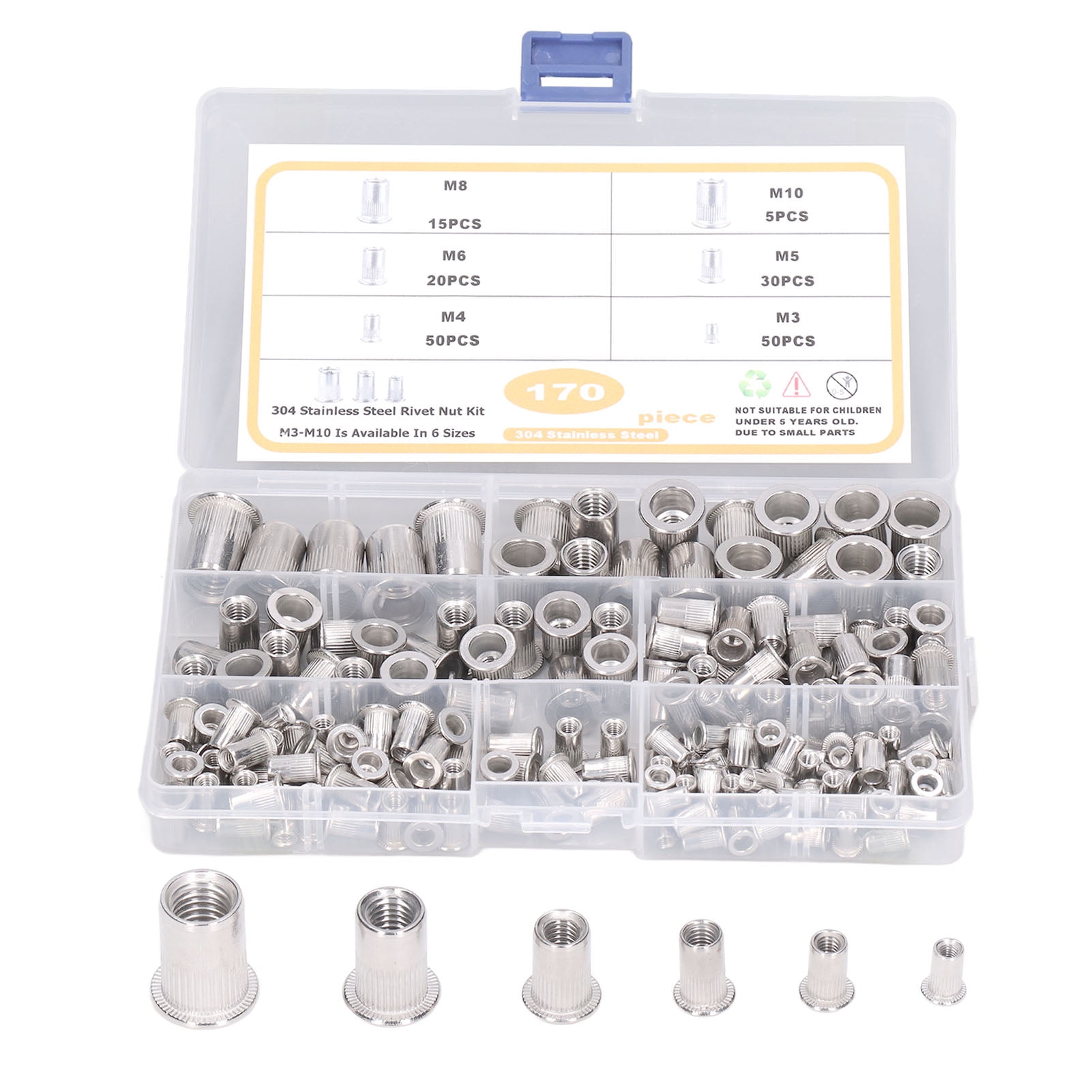 Rivet Nuts Assortment Kit, 170pcs M3‑M10 304 Stainless Steel Rivet Nuts ...
