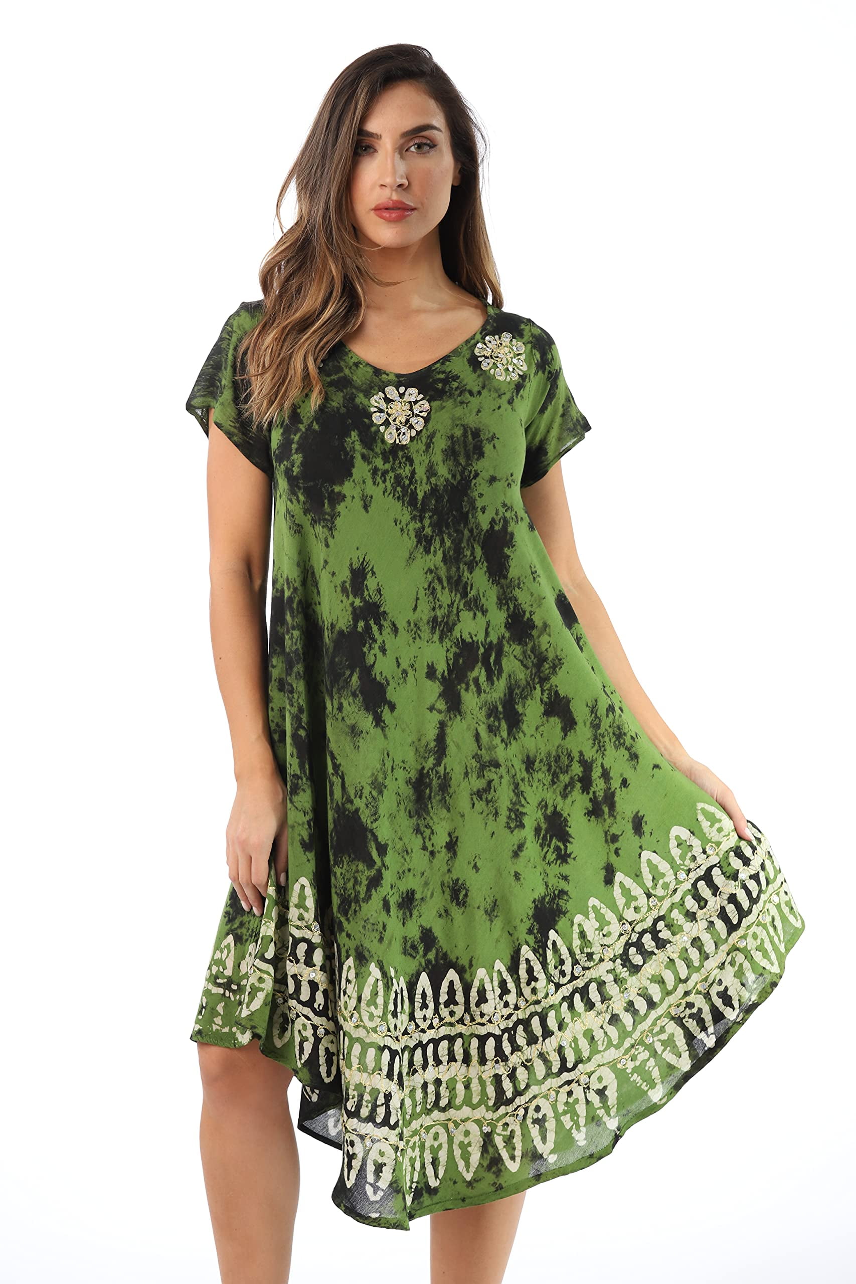 Riviera Sun Batik Tie Dye Summer Dress Beach Cover Up (Olive / White ...
