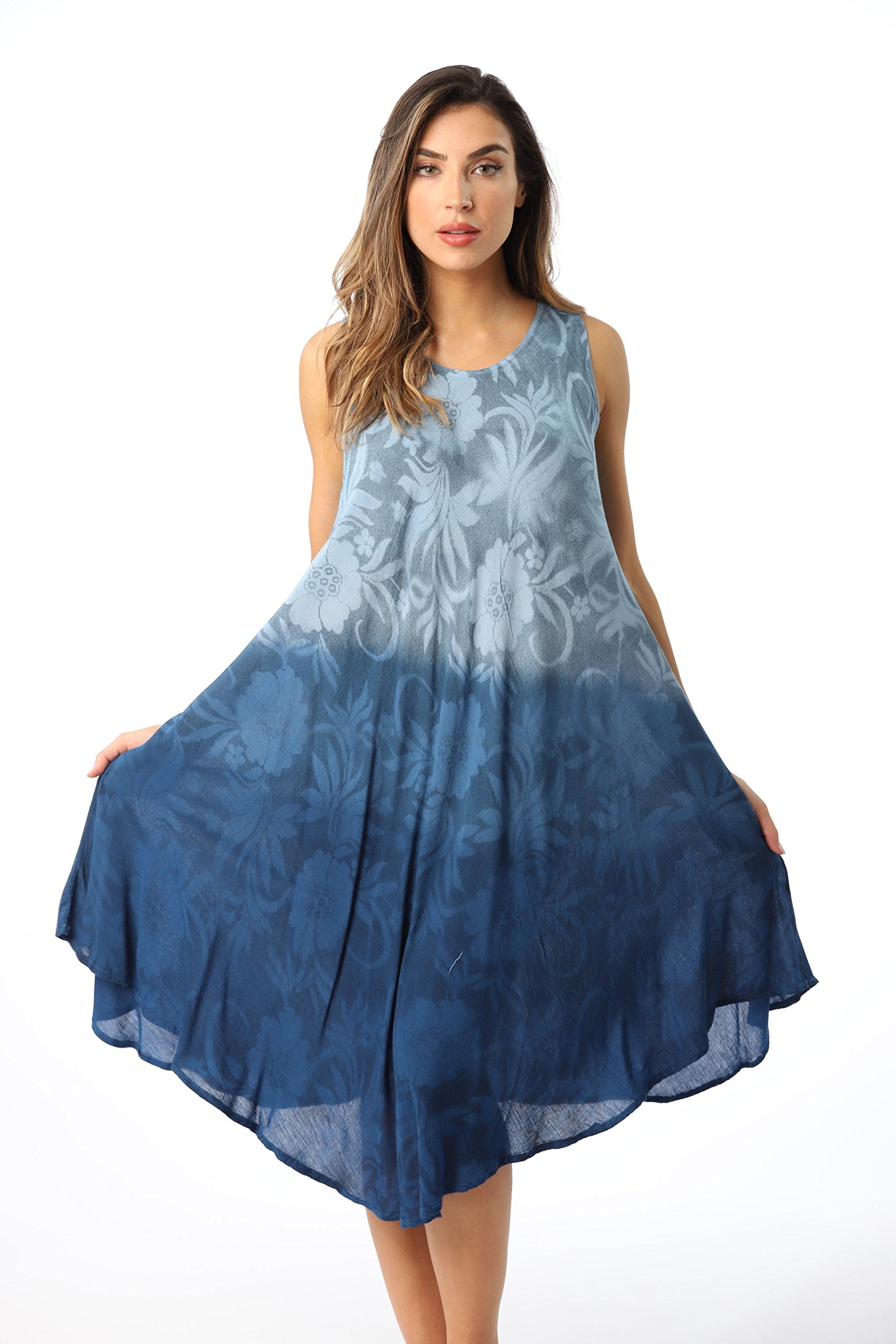 Riviera Sun Ombre Tie Dye Summer Dress with Floral Painted Design (Blue ...