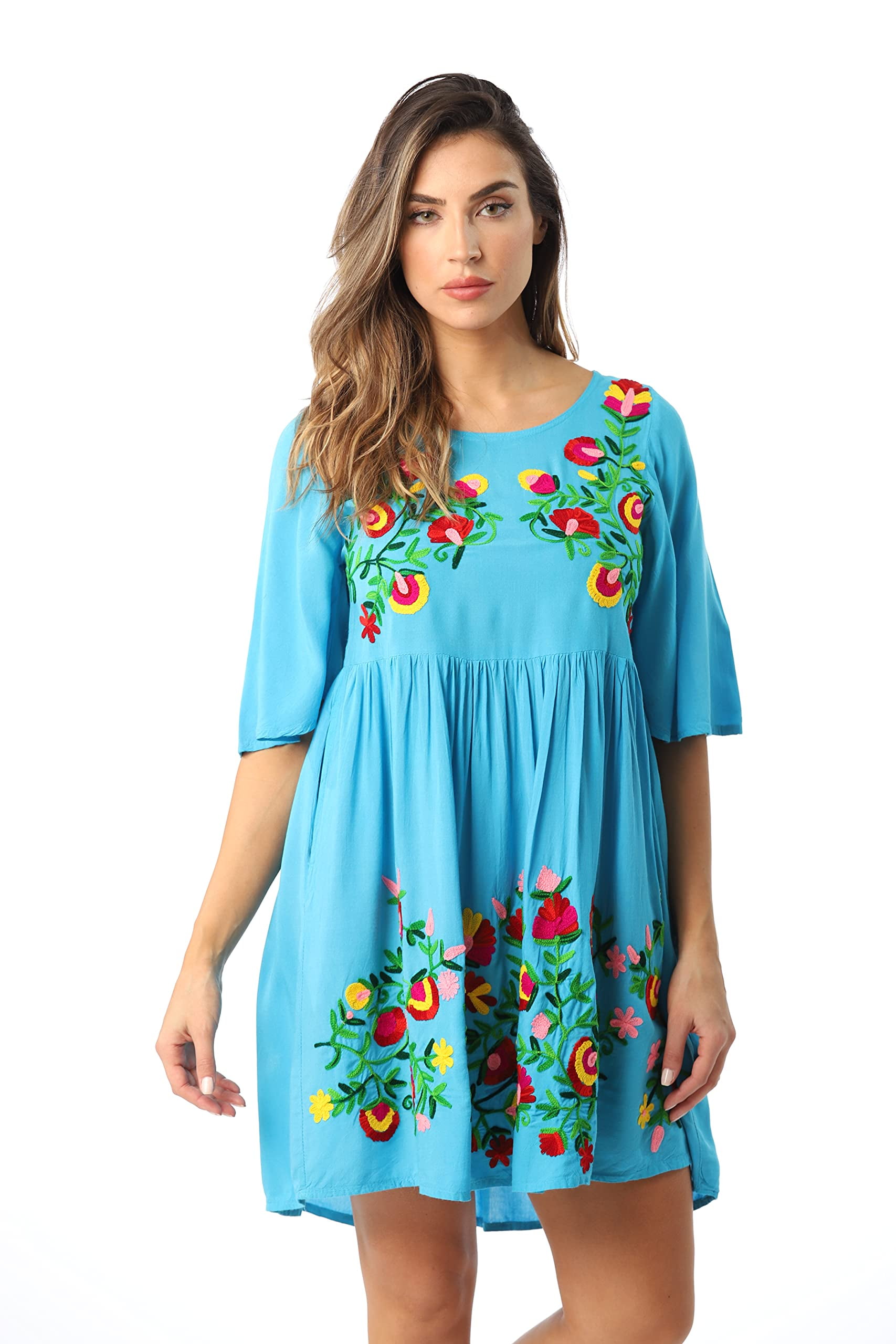 Riviera Sun Rayon Crepe Short Dress with Multicolored Embroidery ...