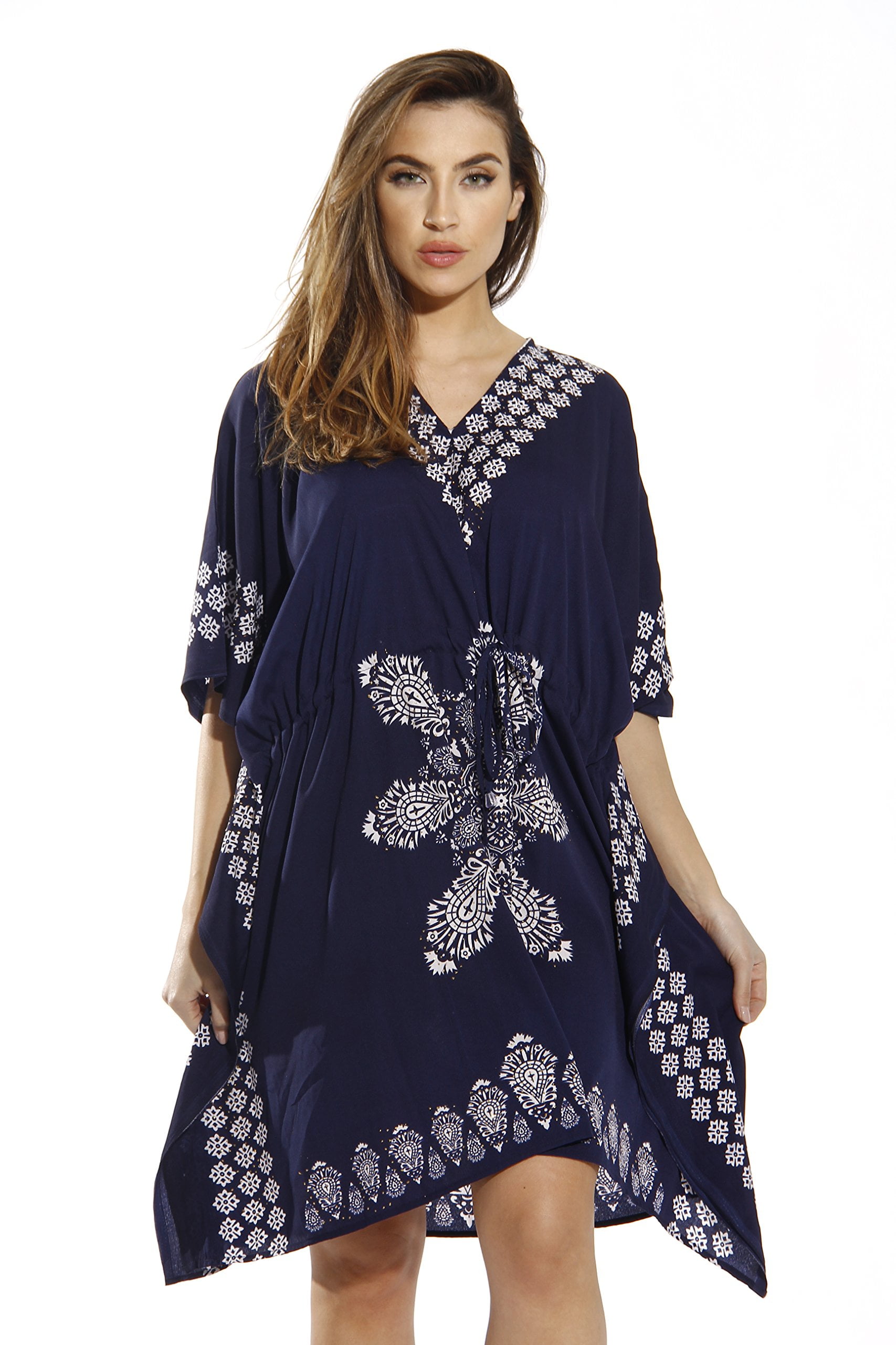 Riviera Sun Short Caftan Dress, Medallion Print, Navy, Lightweight ...