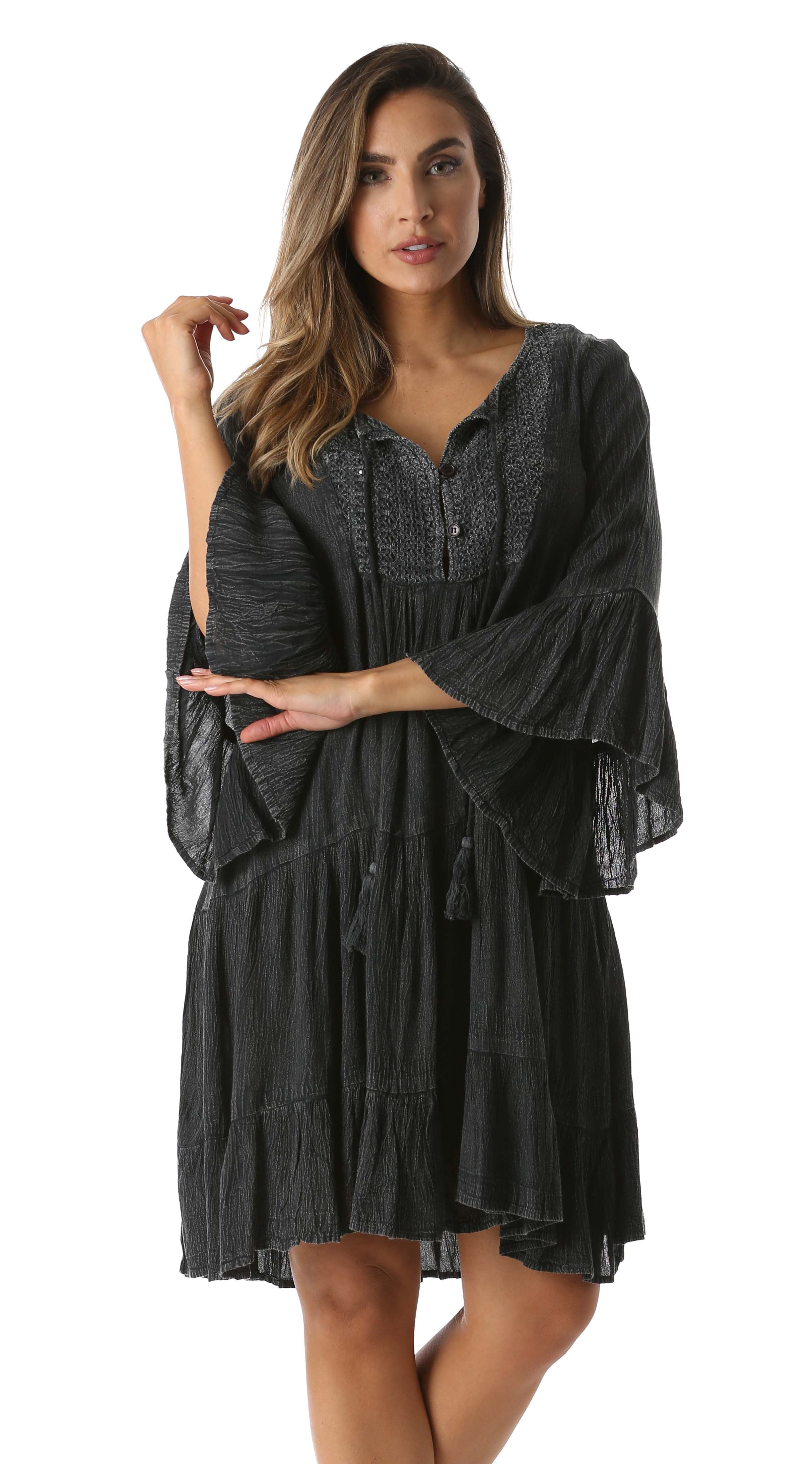 Riviera Sun Short Flowy Casual Dress with Crochet Front & Bell Sleeves ...