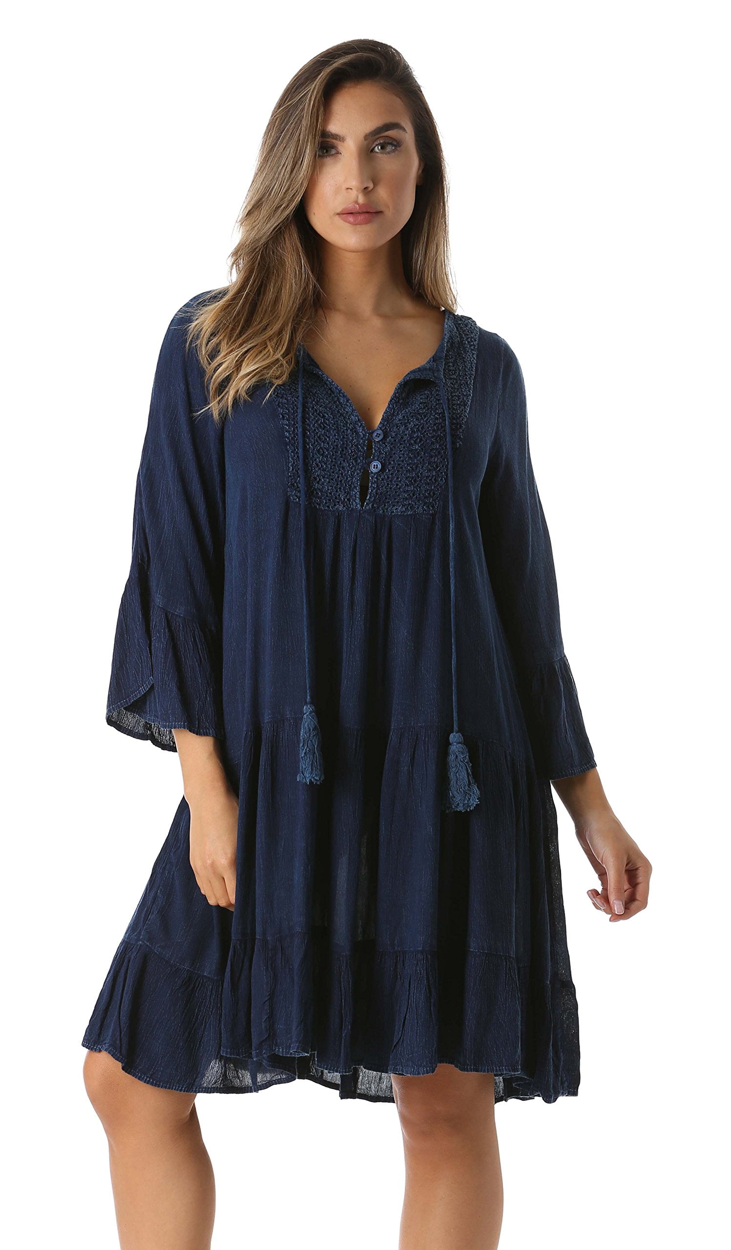 Riviera Sun Short Flowy Casual Dress with Crochet Front & Bell Sleeves ...