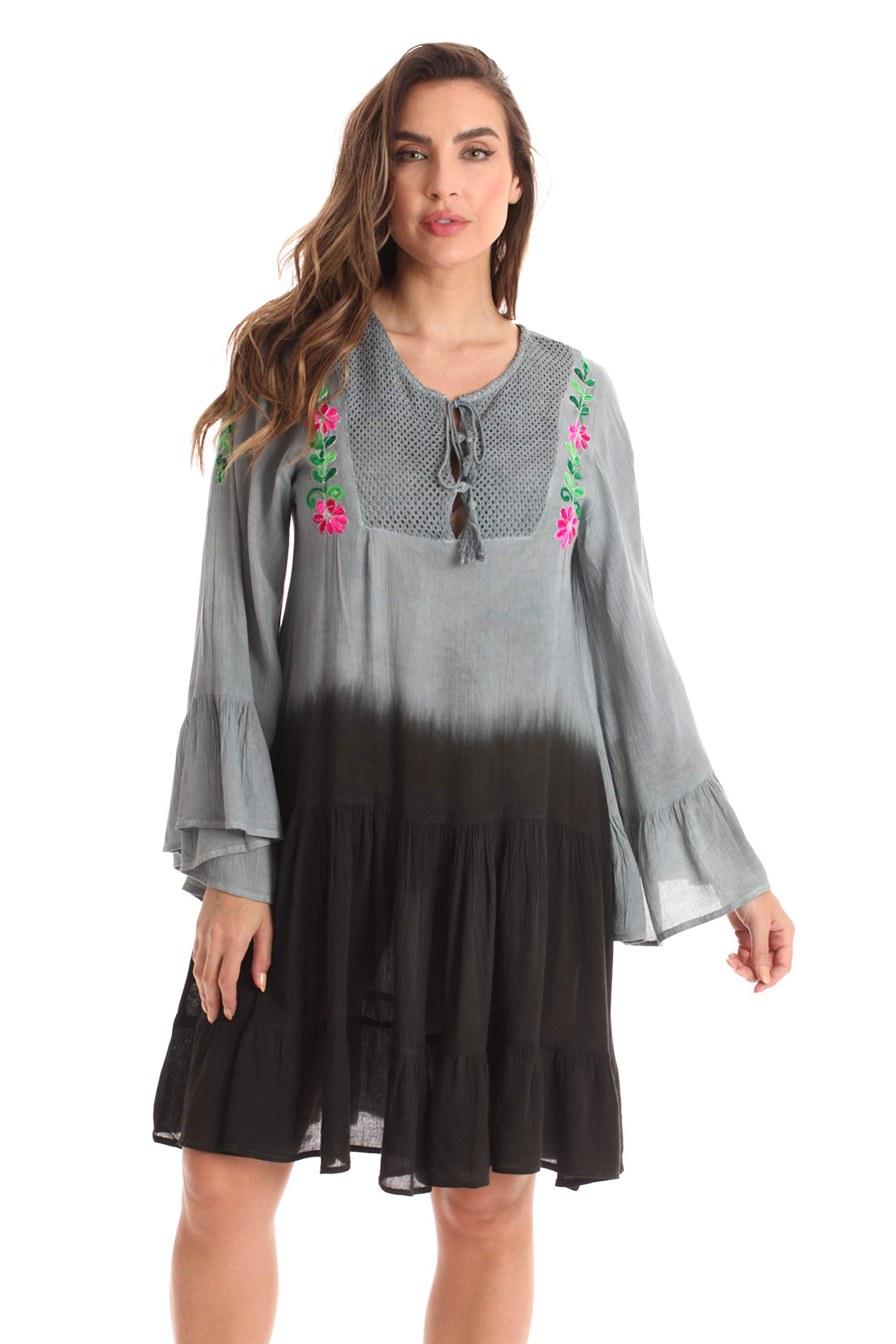 Riviera Sun Short Flowy Casual Dress with Crochet Front & Bell Sleeves ...