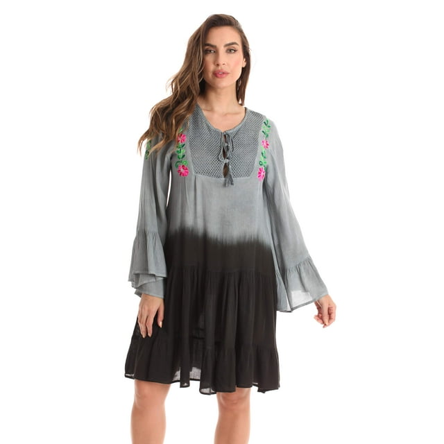 Riviera Sun Short Flowy Casual Dress with Crochet Front & Bell Sleeves ...