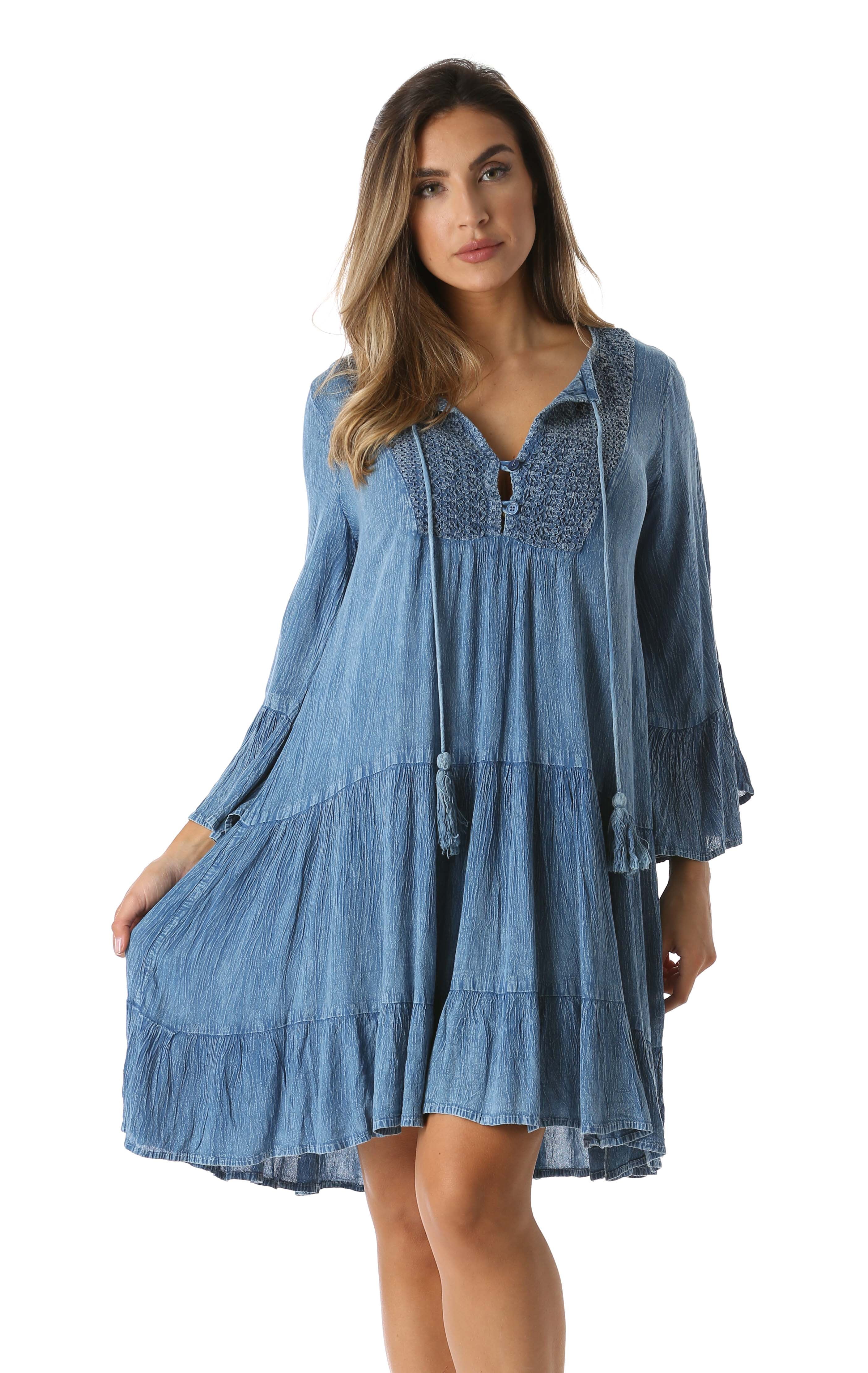 Riviera Sun Short Flowy Casual Dress with Crochet Front & Bell Sleeves ...