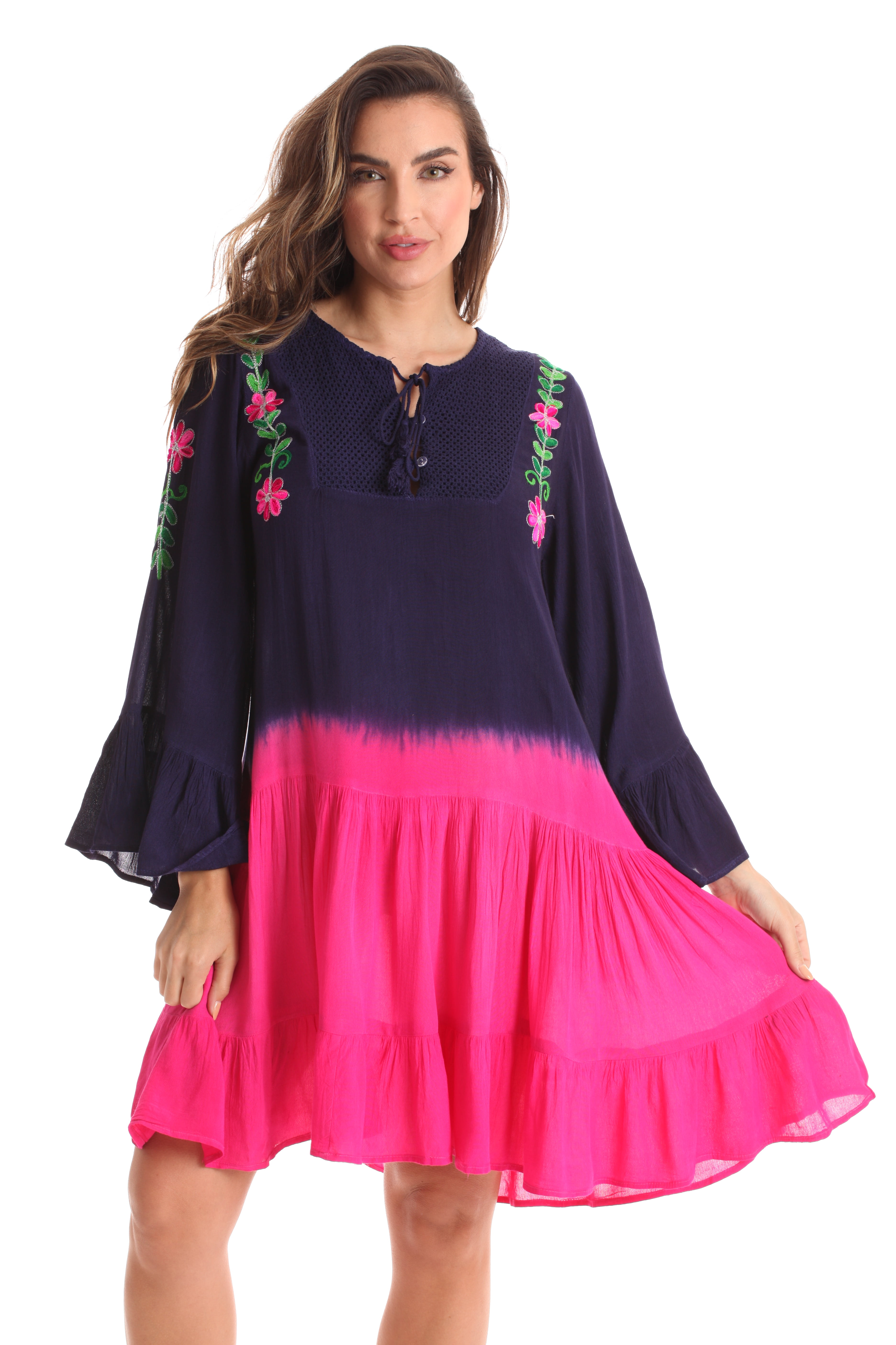 Riviera Sun Short Flowy Casual Dress with Crochet Front & Bell Sleeves ...