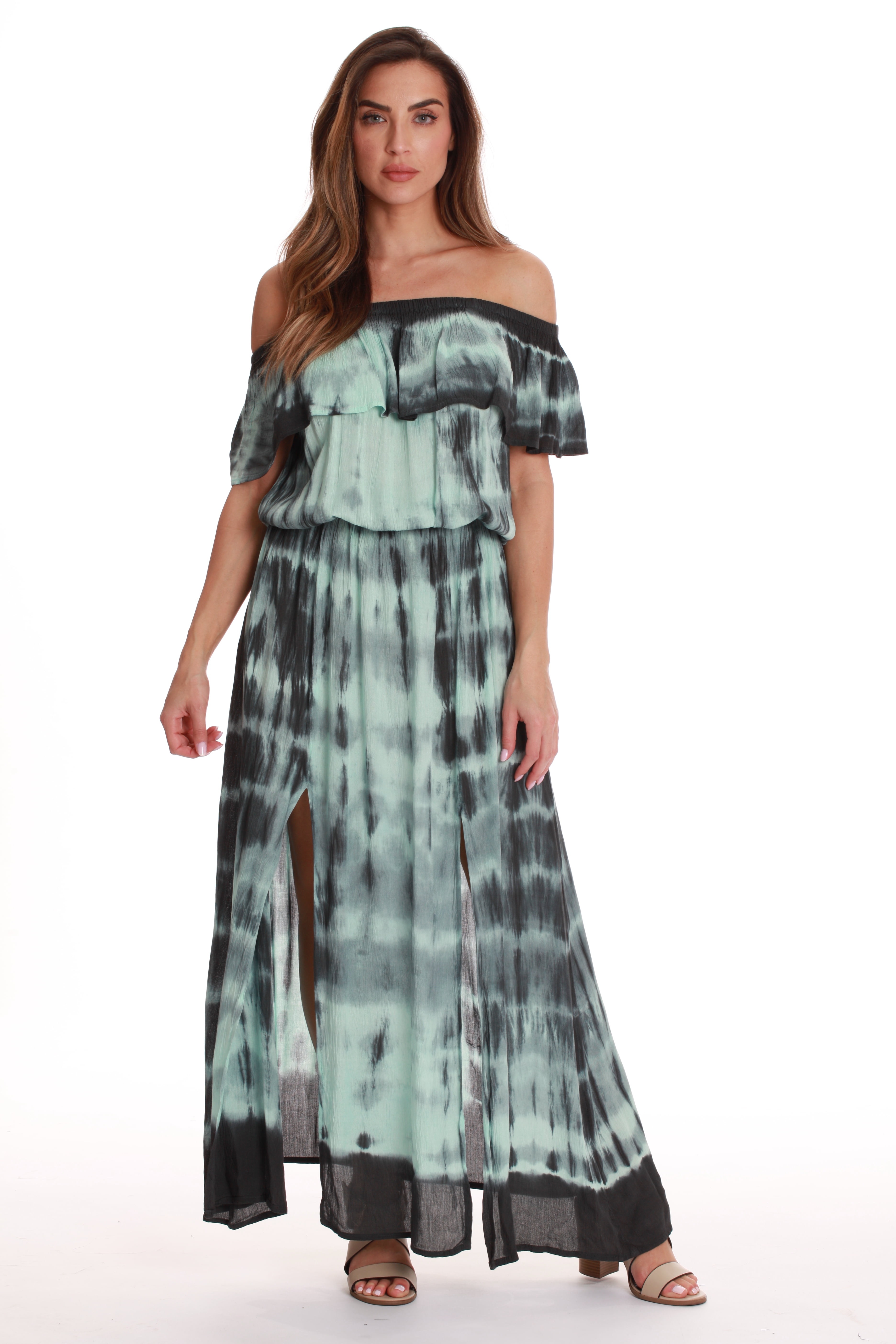 Riviera Sun Tie Dye Off Shoulder Maxi Sundress (X-Large, Mint ...