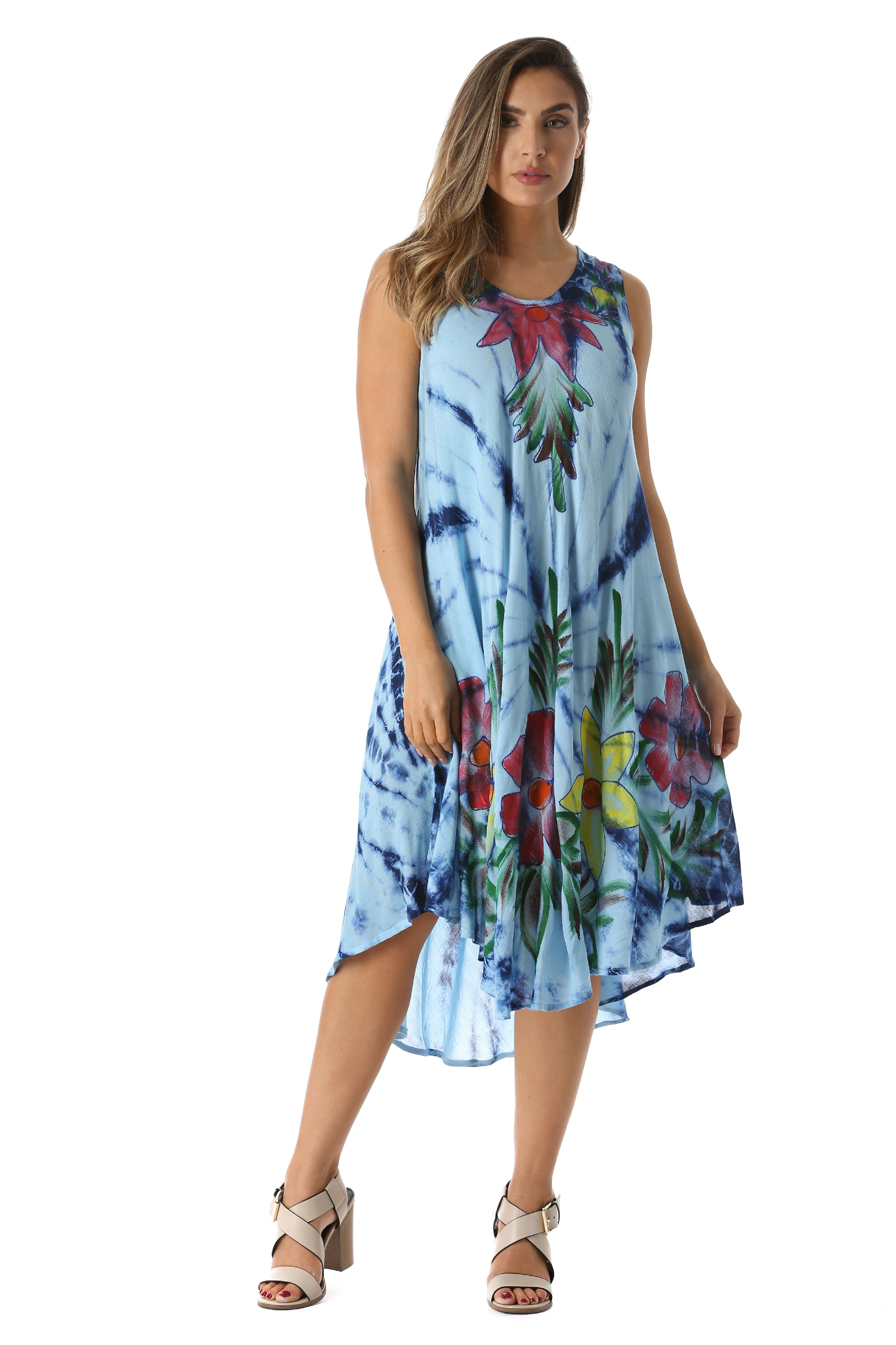 Riviera Sun Tie Dye Summer Dress with Floral Hand Painted Design (Light ...
