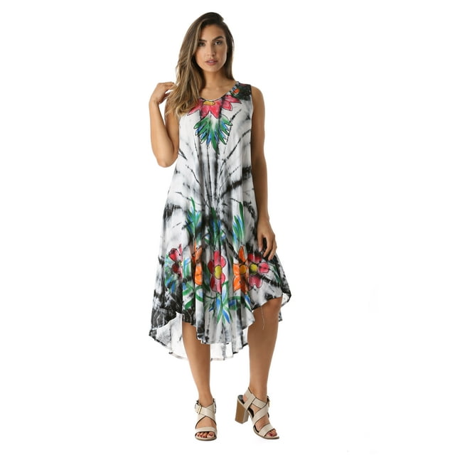 Riviera Sun Tie Dye Summer Dress with Floral Hand Painted Design (White ...