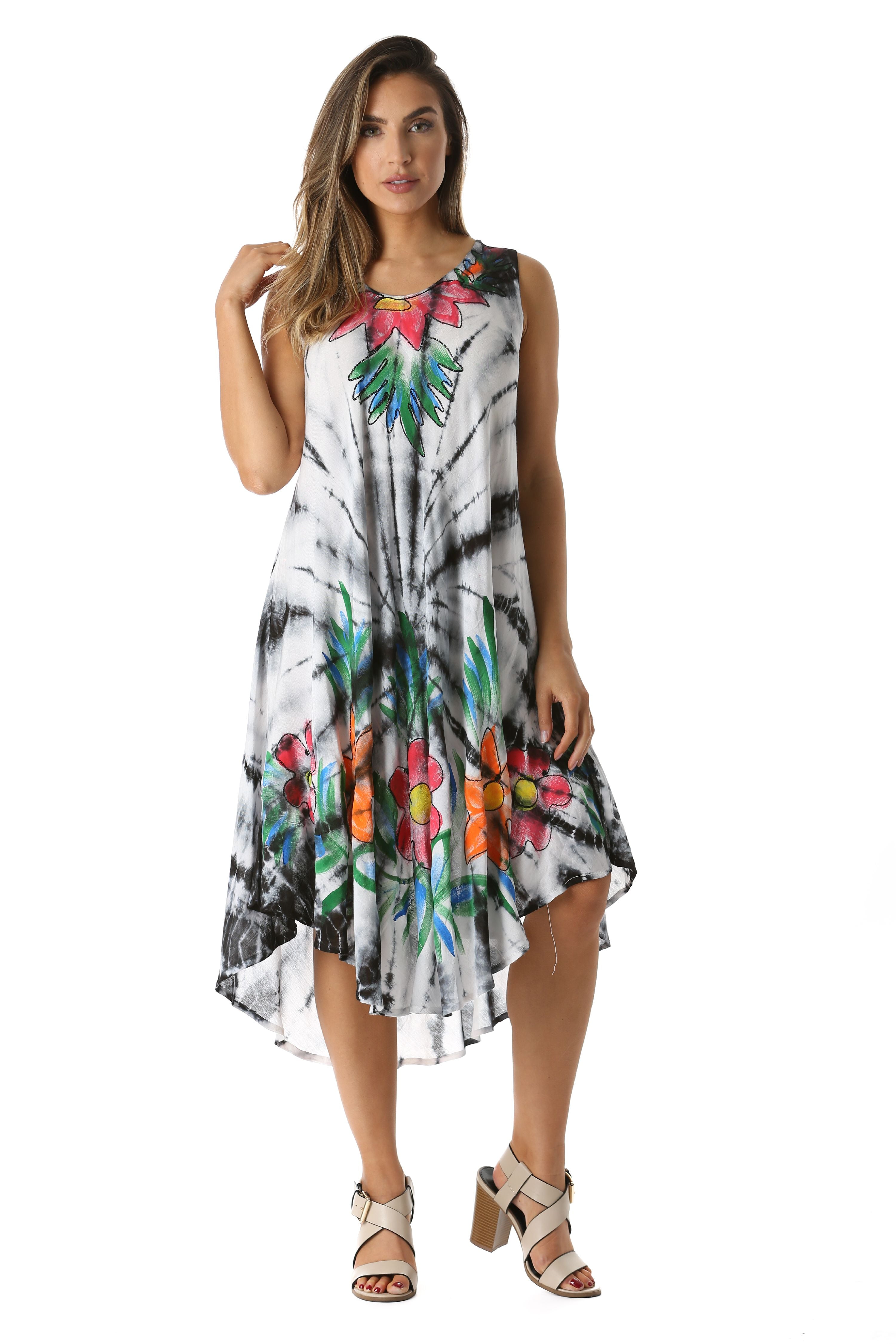 Riviera Sun Tie Dye Summer Dress with Floral Hand Painted Design (White ...