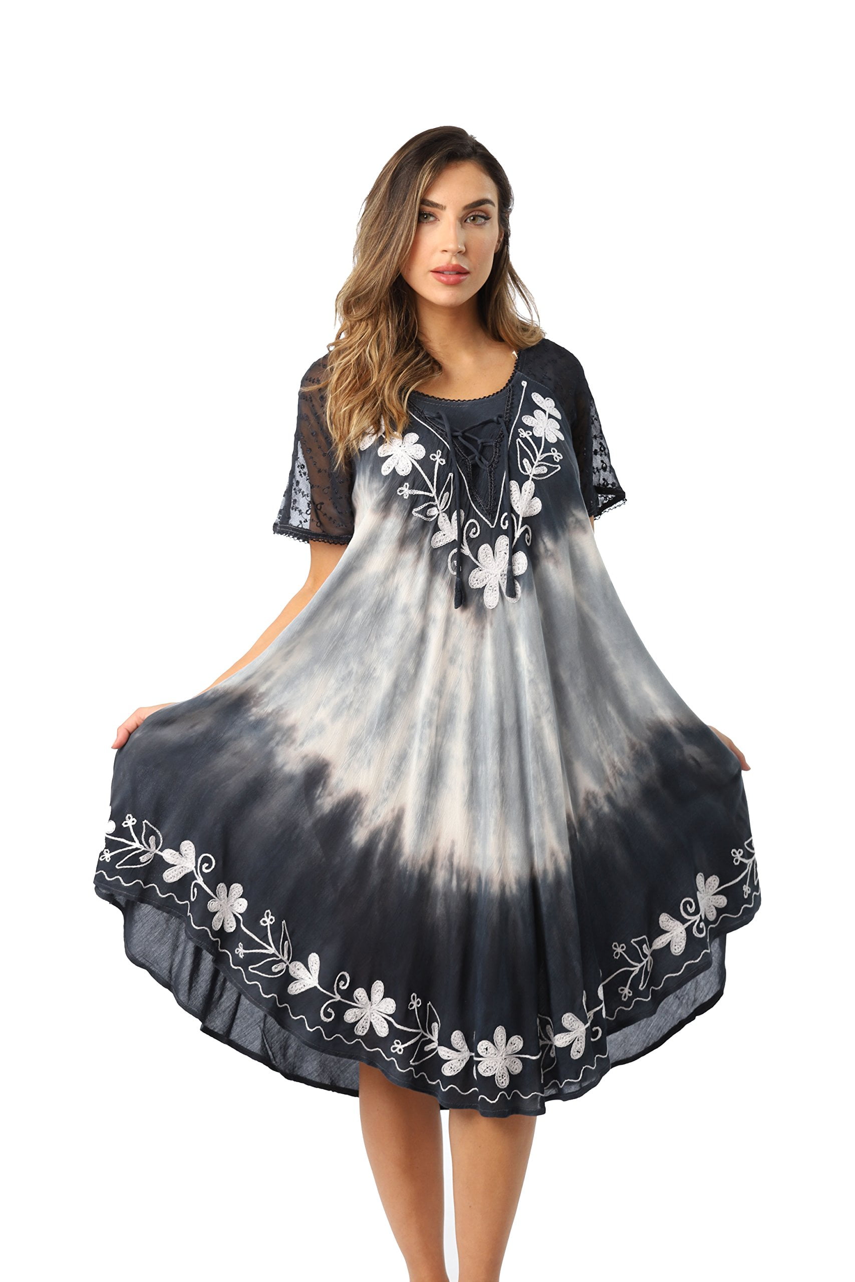 Riviera Sun Tie Dye Summer Dress with Raglan Eyelet Sleeve & Embroidery ...