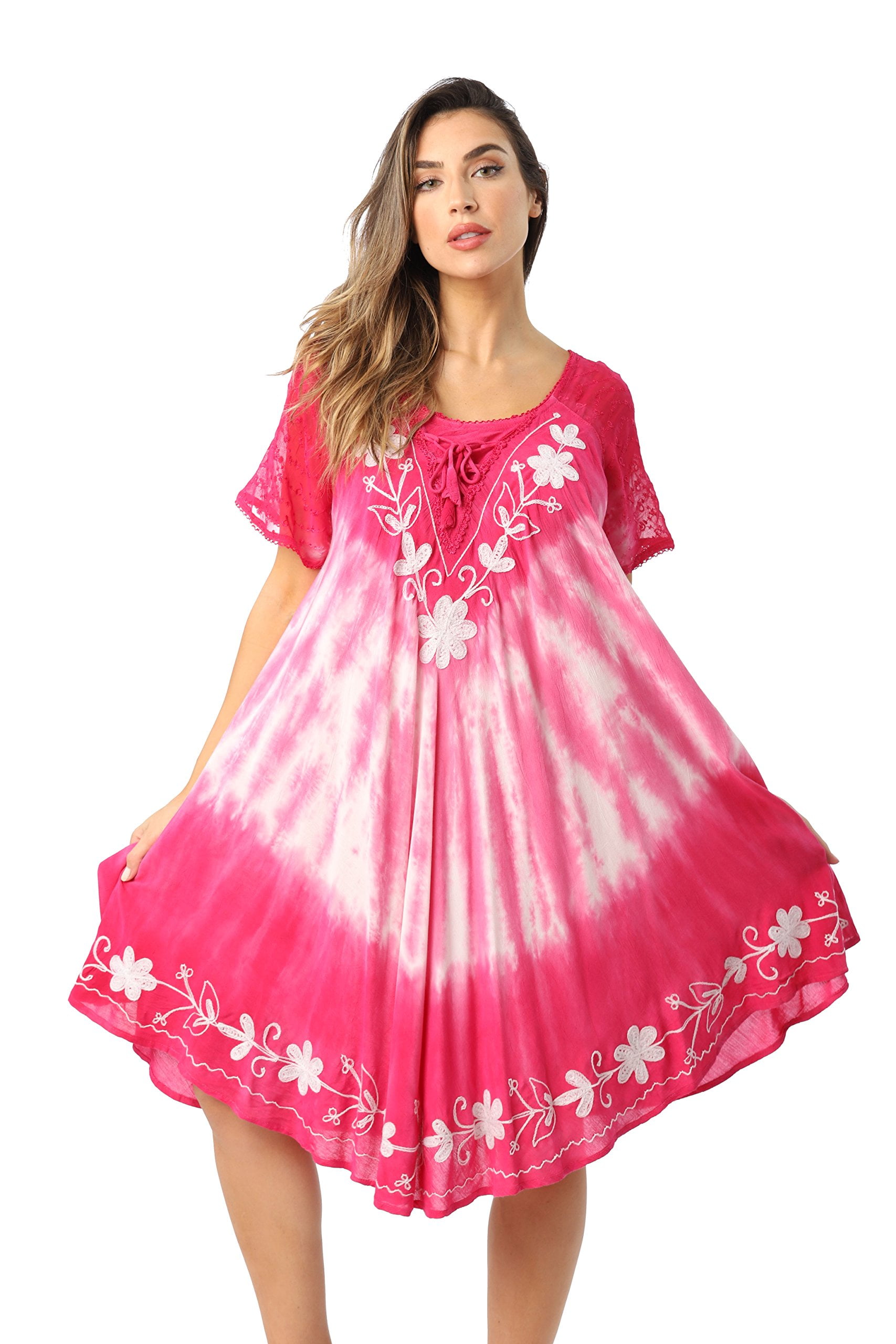 Riviera Sun Tie Dye Summer Dress with Raglan Eyelet Sleeve & Embroidery ...