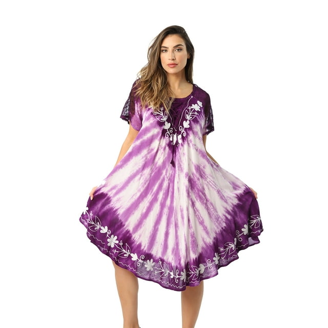 Riviera Sun Tie Dye Summer Dress with Raglan Eyelet Sleeve & Embroidery ...