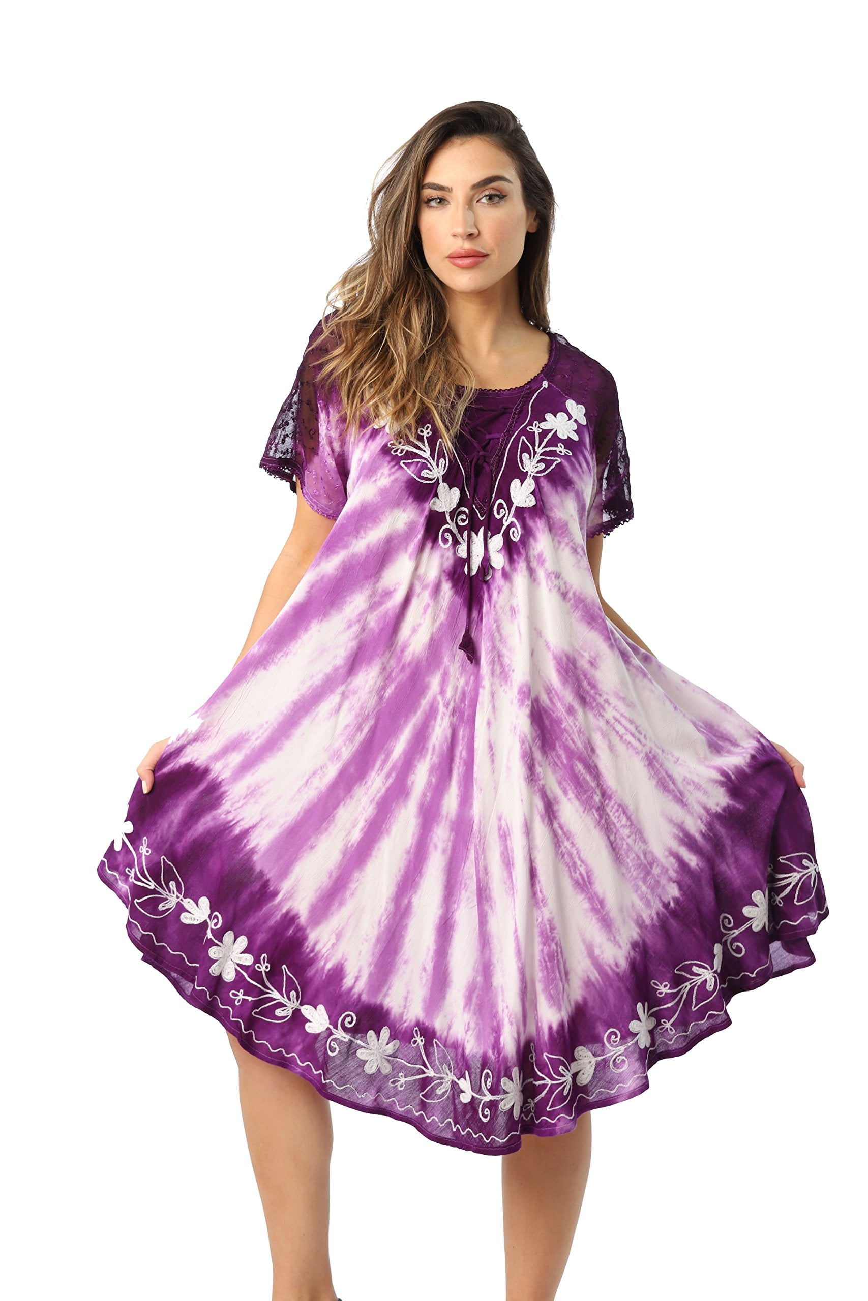Riviera Sun Tie Dye Summer Dress with Raglan Eyelet Sleeve & Embroidery ...