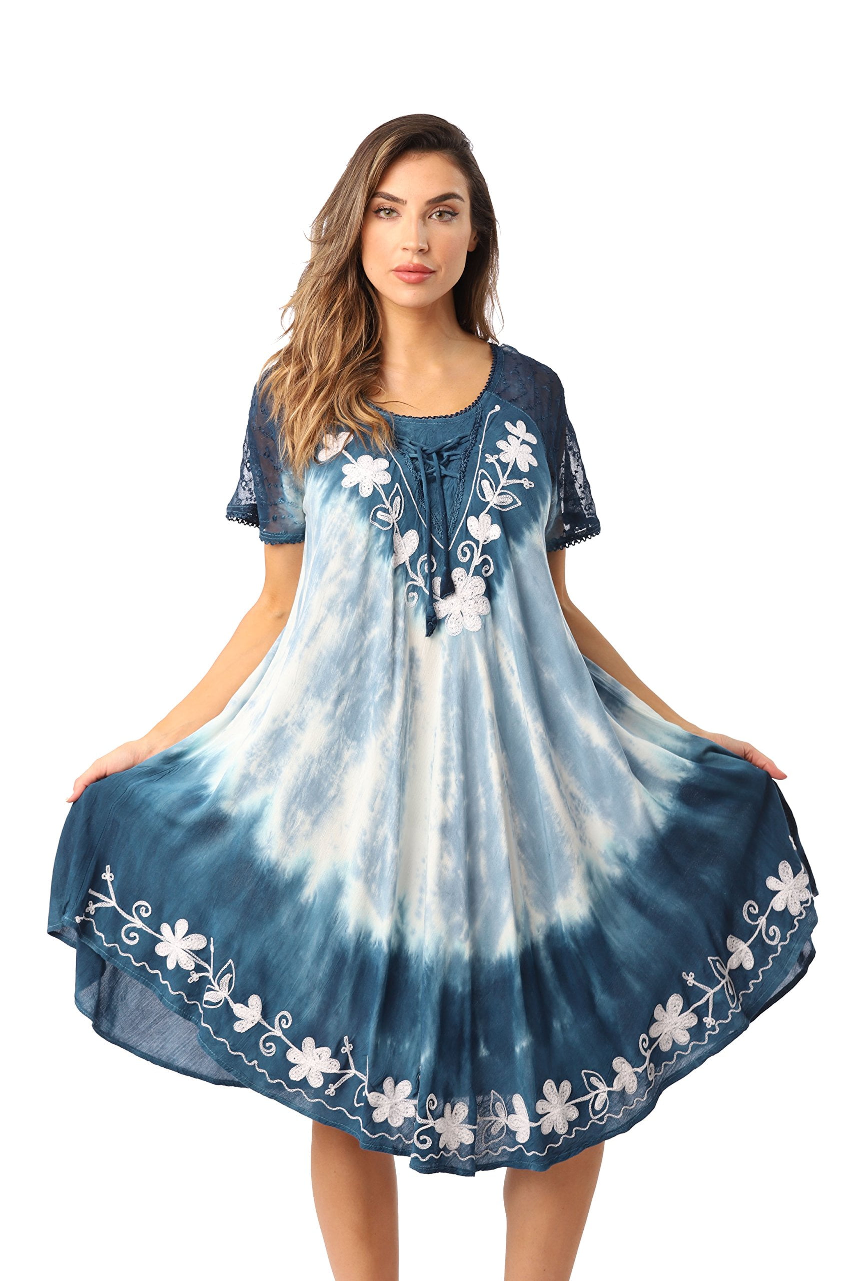 Riviera Sun Tie Dye Summer Dress with Raglan Eyelet Sleeve & Embroidery ...