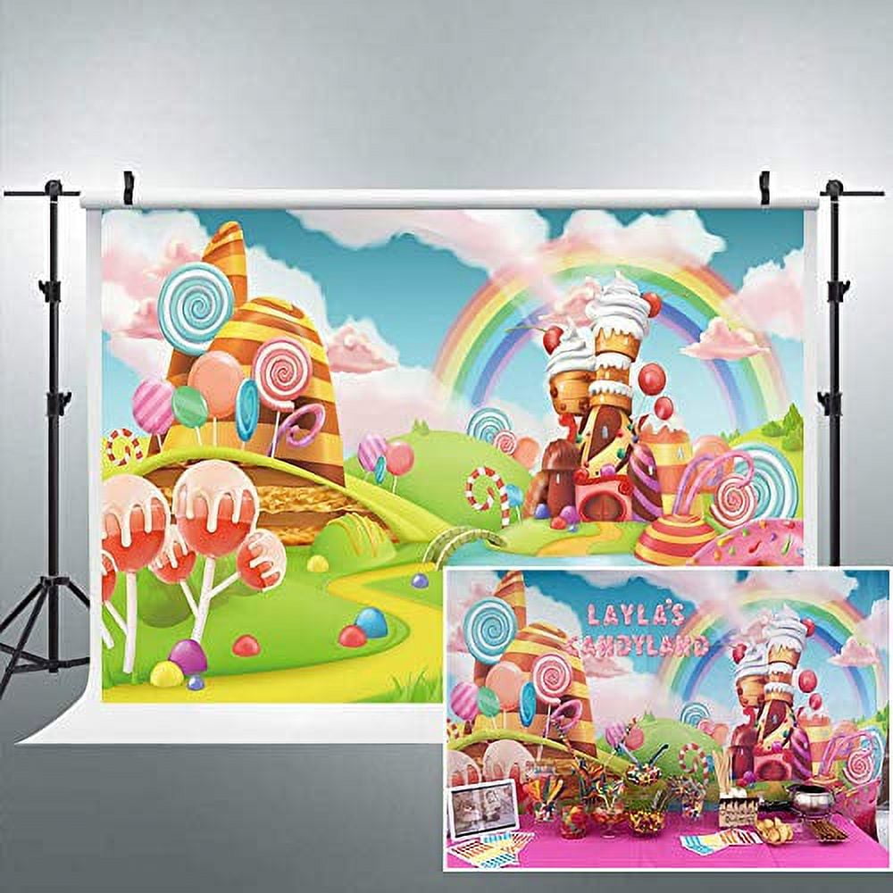 Riyidecor Candyland Lollipop Rainbow Castle Photo Backdrop Fabric ...