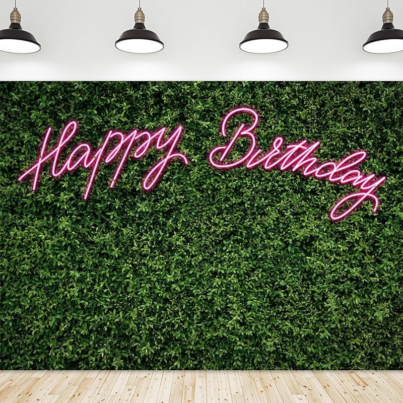 Riyidecor Happy Birthday Backdrop for Women Neon Flower Wall Pink Rose Green Leaves Floral ...