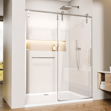 Frameless Shower Door, 56-60" W x 74" H Single Sliding Glass Door, With 5/16" Clear Tempered ...
