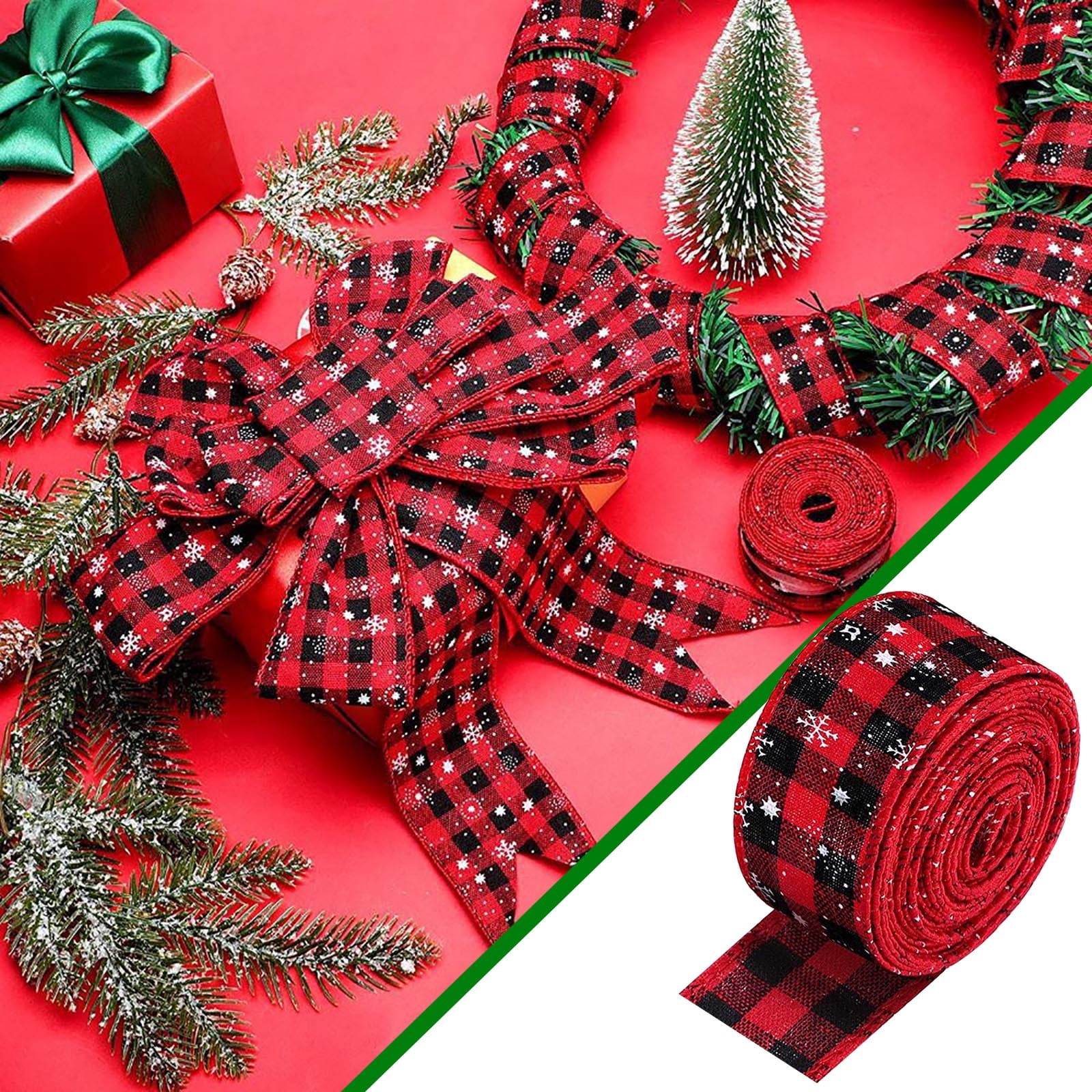 Rkxzt 1 Rolls Christmas Wired Edge Ribbons,Black Red Plaid Ribbon ...