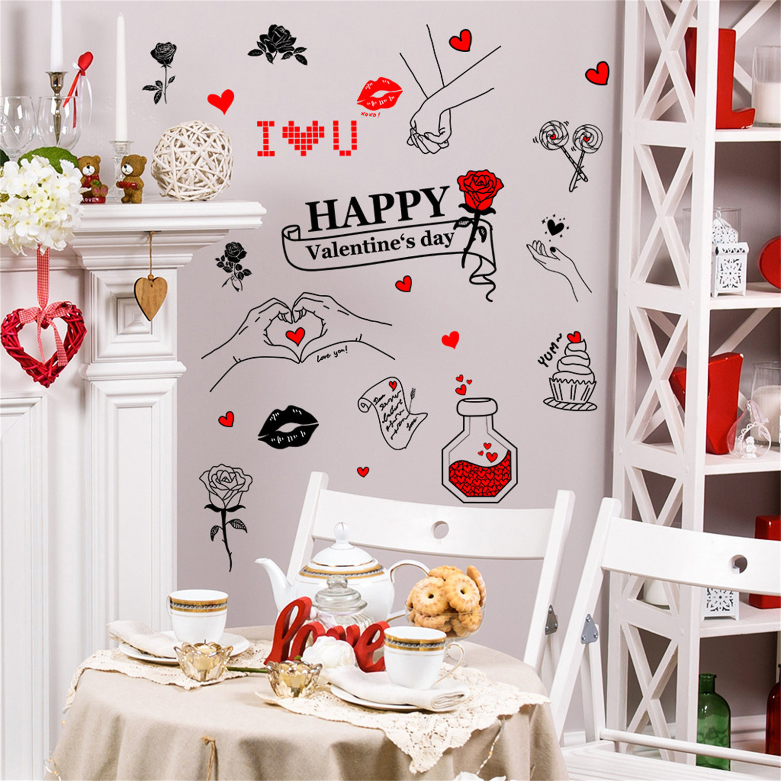 Rkxzt LOVE YOU Valentine's Day Hand in Hand Stickers, Red Lips Wall ...