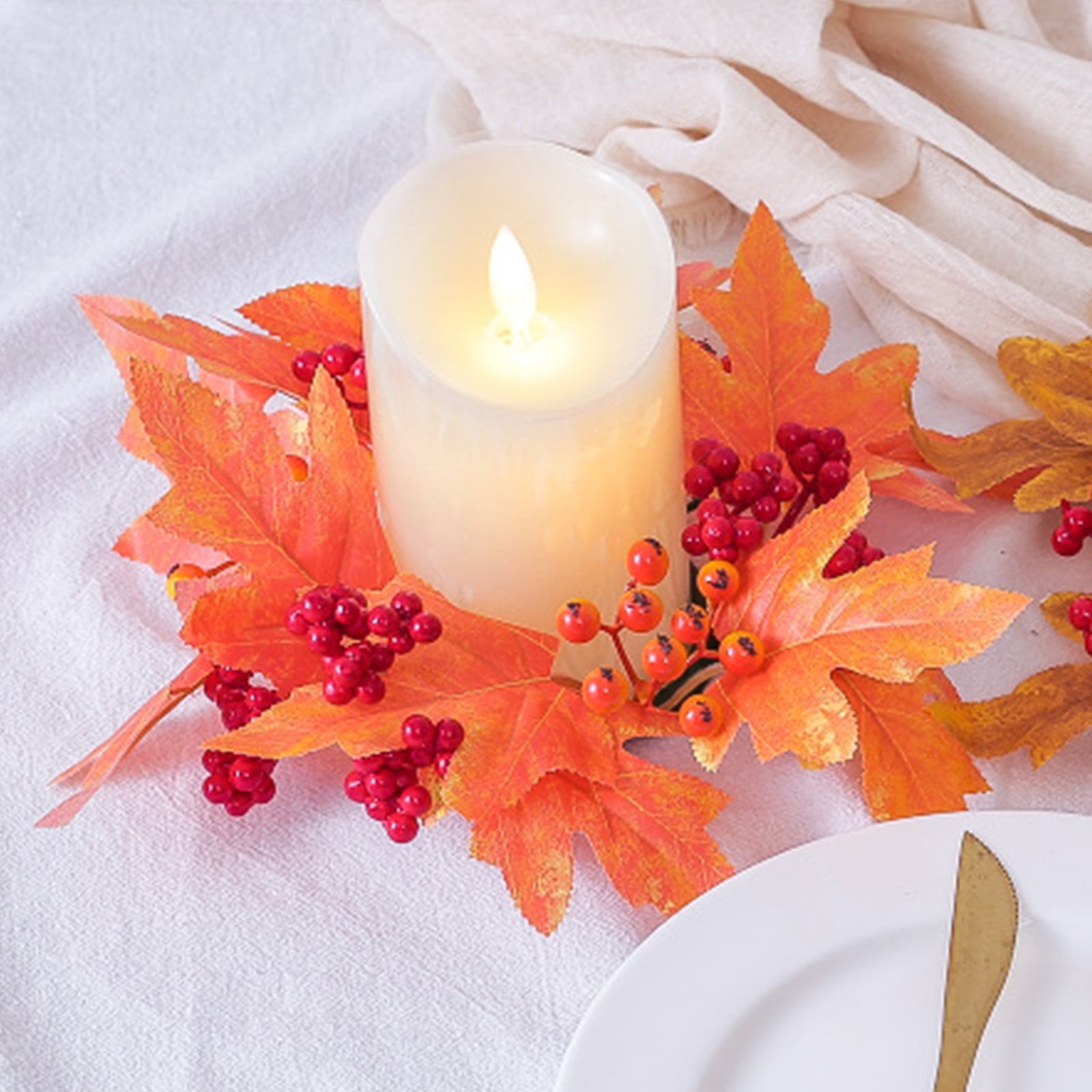 Rkxzt Maple Leaves and Berries Candle Rings,10 Inch Candle Wreaths ...