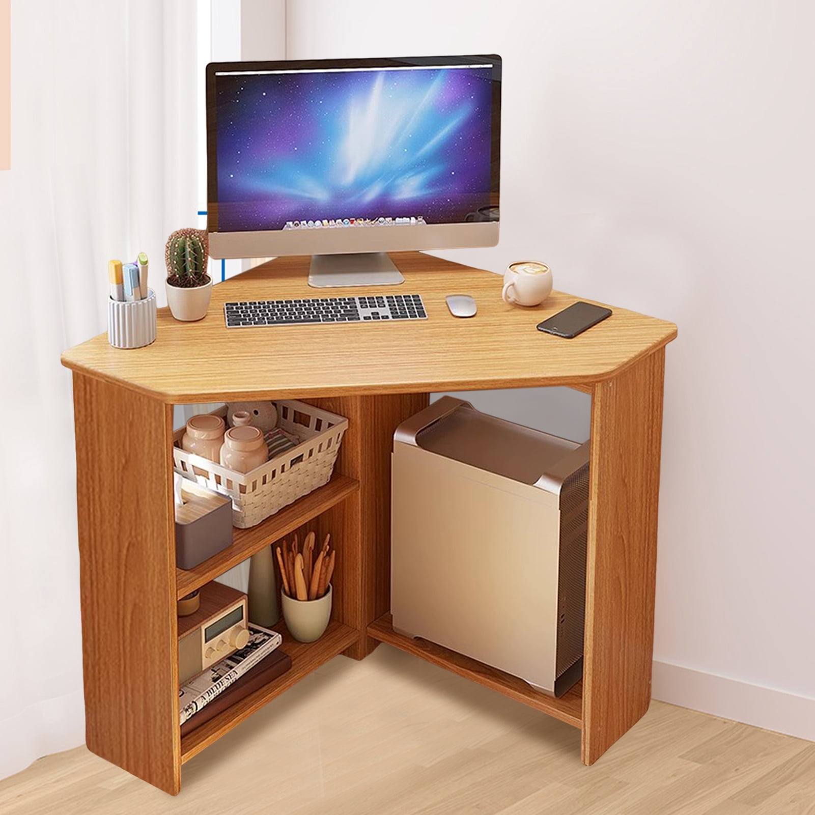 Rlietter Small Desk with Drawers and Open Shelves, Small Space ...