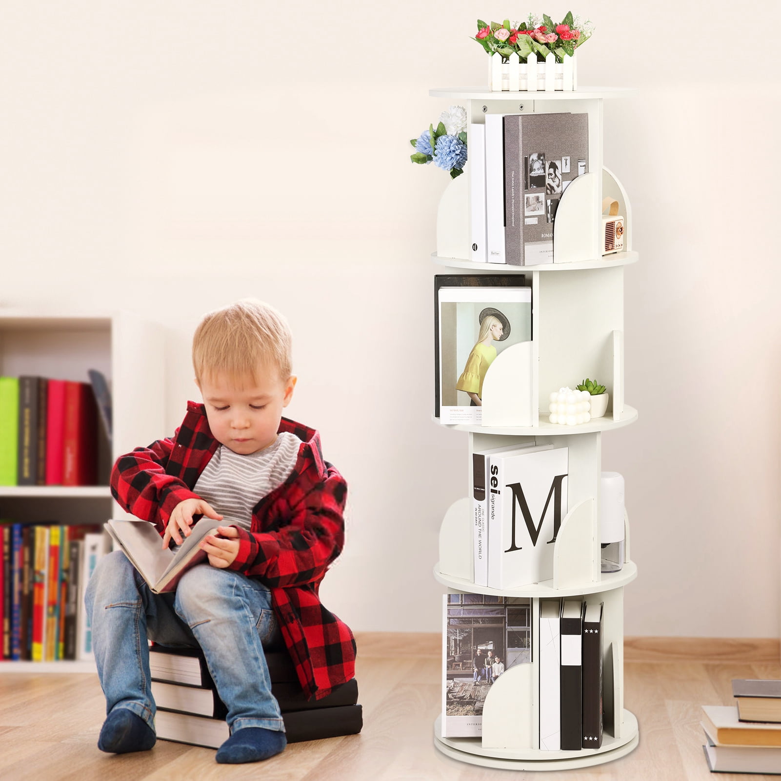 Rlietter Spinning Bookshelf,4 Tier Floor Standing Bookcase,Small Corner ...