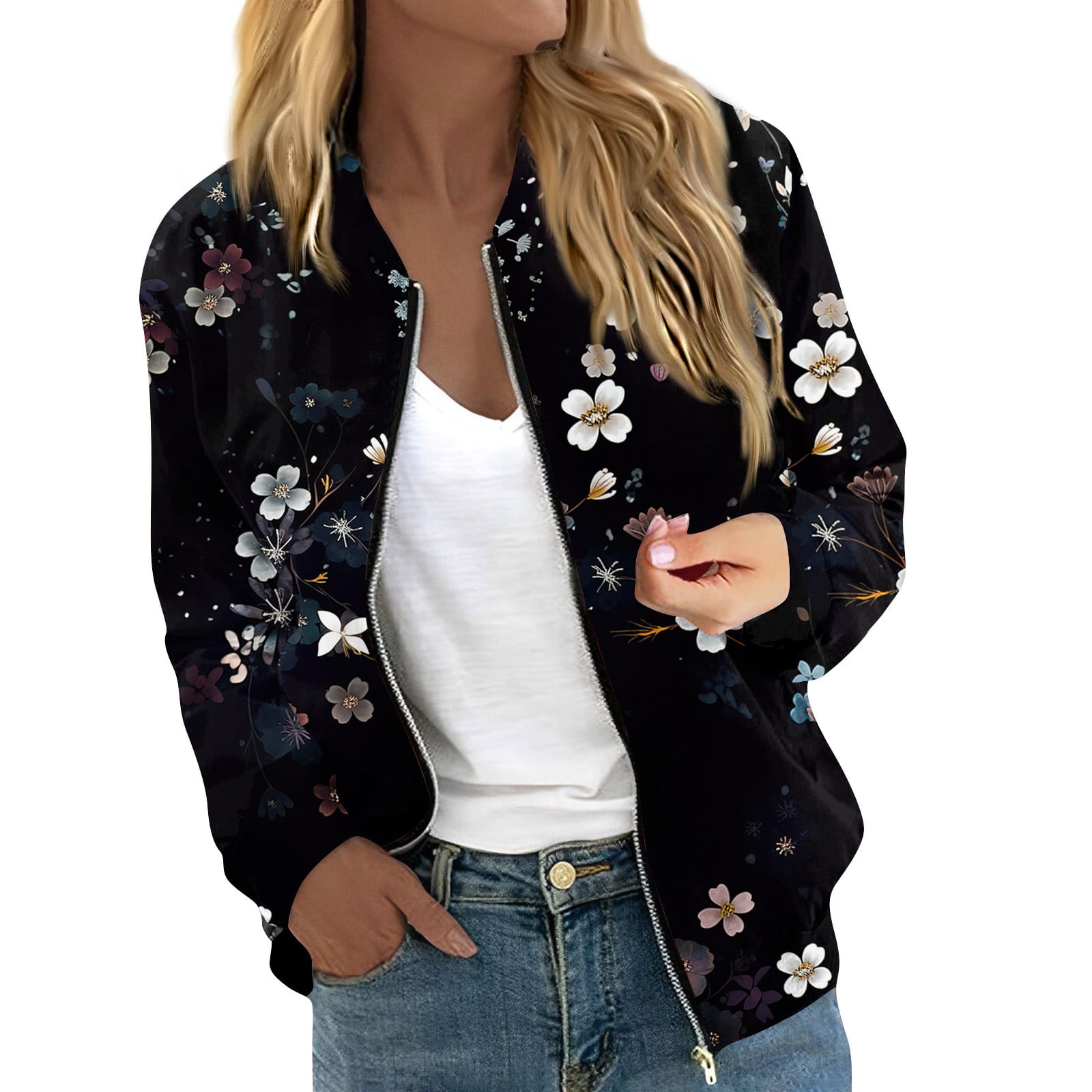 Rlmidhb 2025 Black Bomber Jacket for Women Long Floral Print Long ...