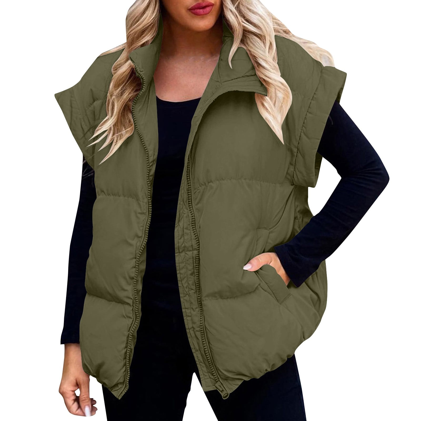 Rlmidhb 2025 Winter Puffer Vest for Women Basic Green Solid Color ...