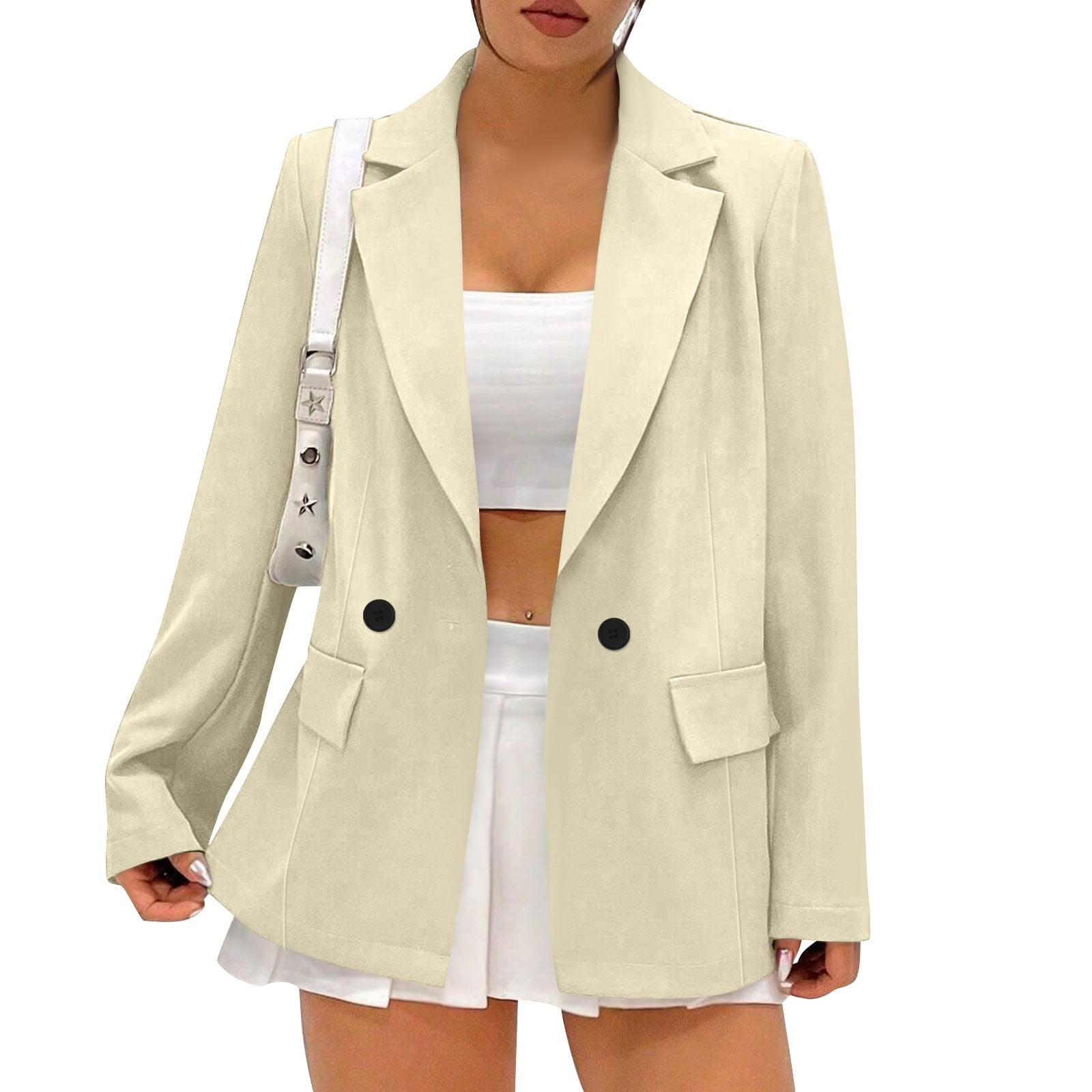 Rlmidhb Basic Blazers for Women 2025 Beige Long Sleeve Button Down Long Solid Color Suit Jackets ...
