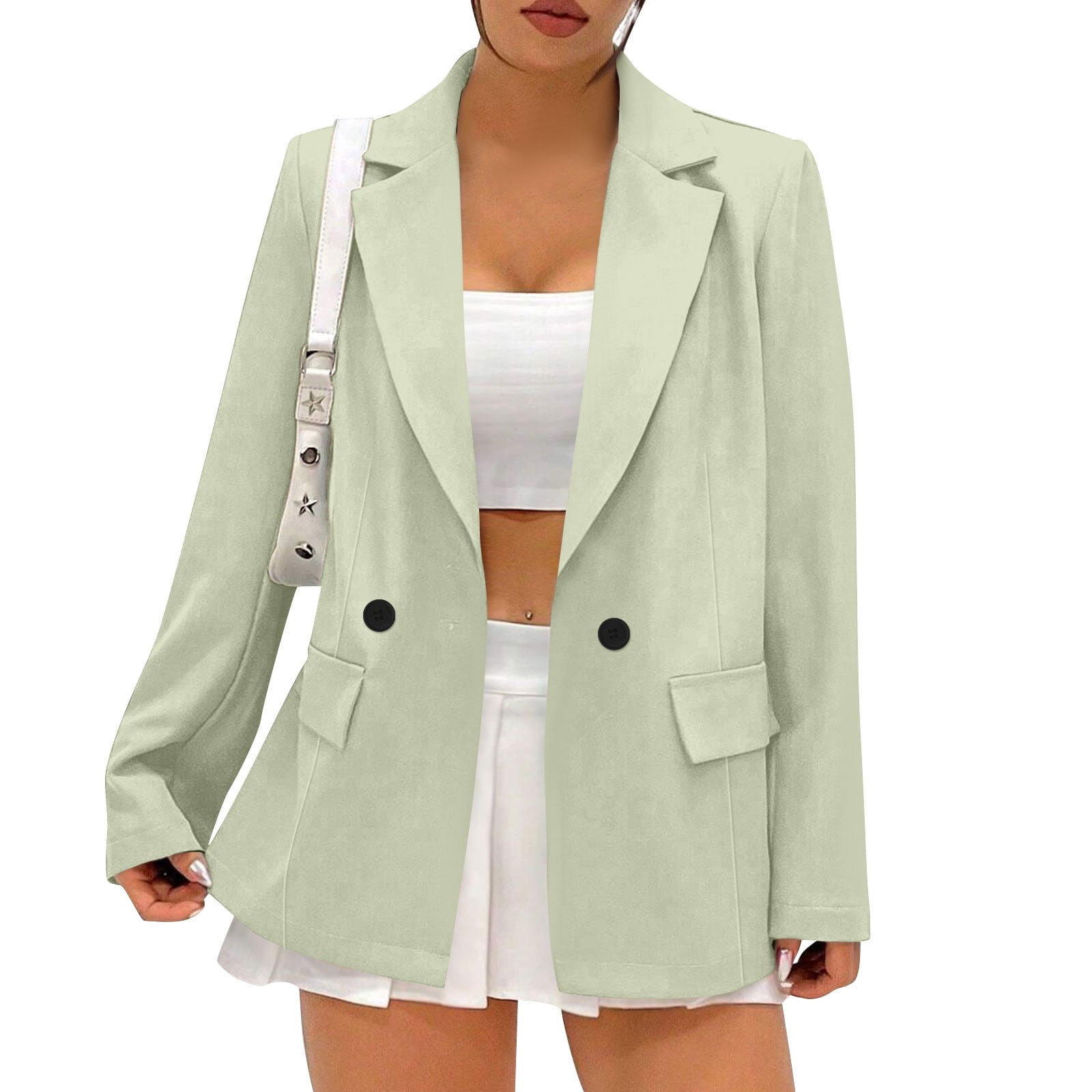 Rlmidhb Basic Blazers for Women 2025 Green Long Sleeve Button Down Long ...