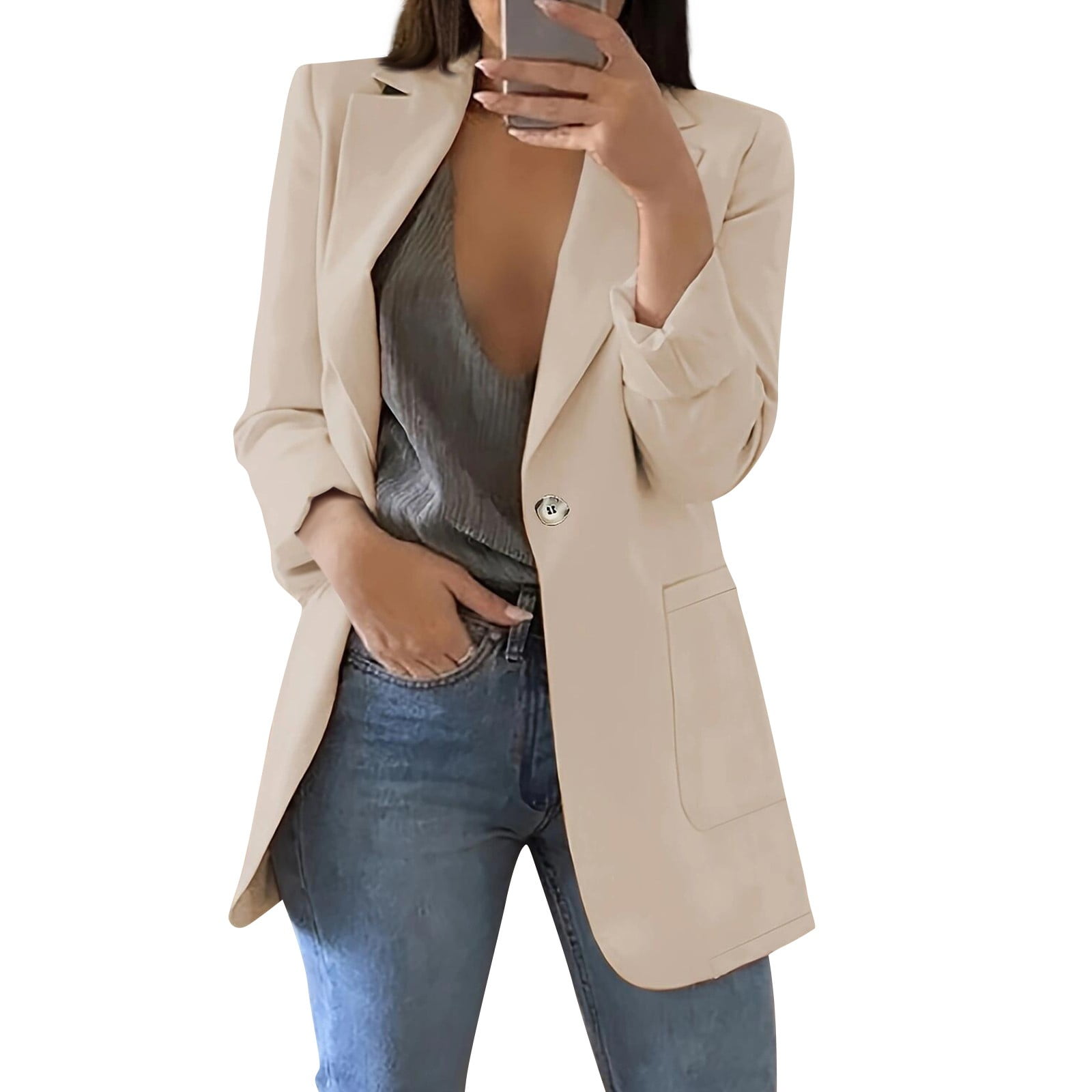 Rlmidhb Beige Blazers for Women Slim Fit Solid Color Long Sleeve Long Basic Button Down Suit ...