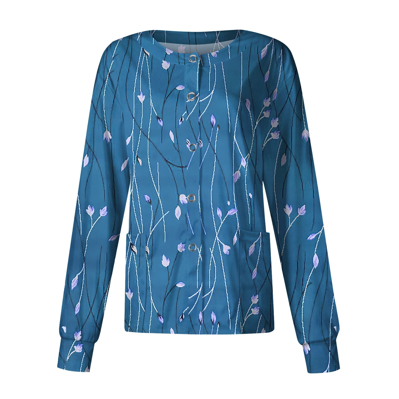 Rlmidhb Button Down Scrub Jackets for Women 2025 Blue Long Floral Print ...