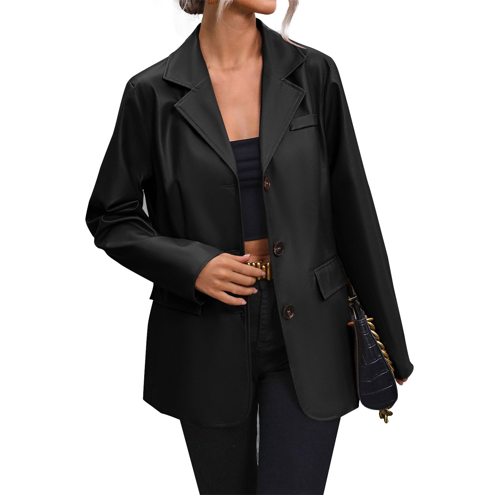 Rlmidhb Faux Leather Blazers for Women Black Slim Fit Loose Suit ...