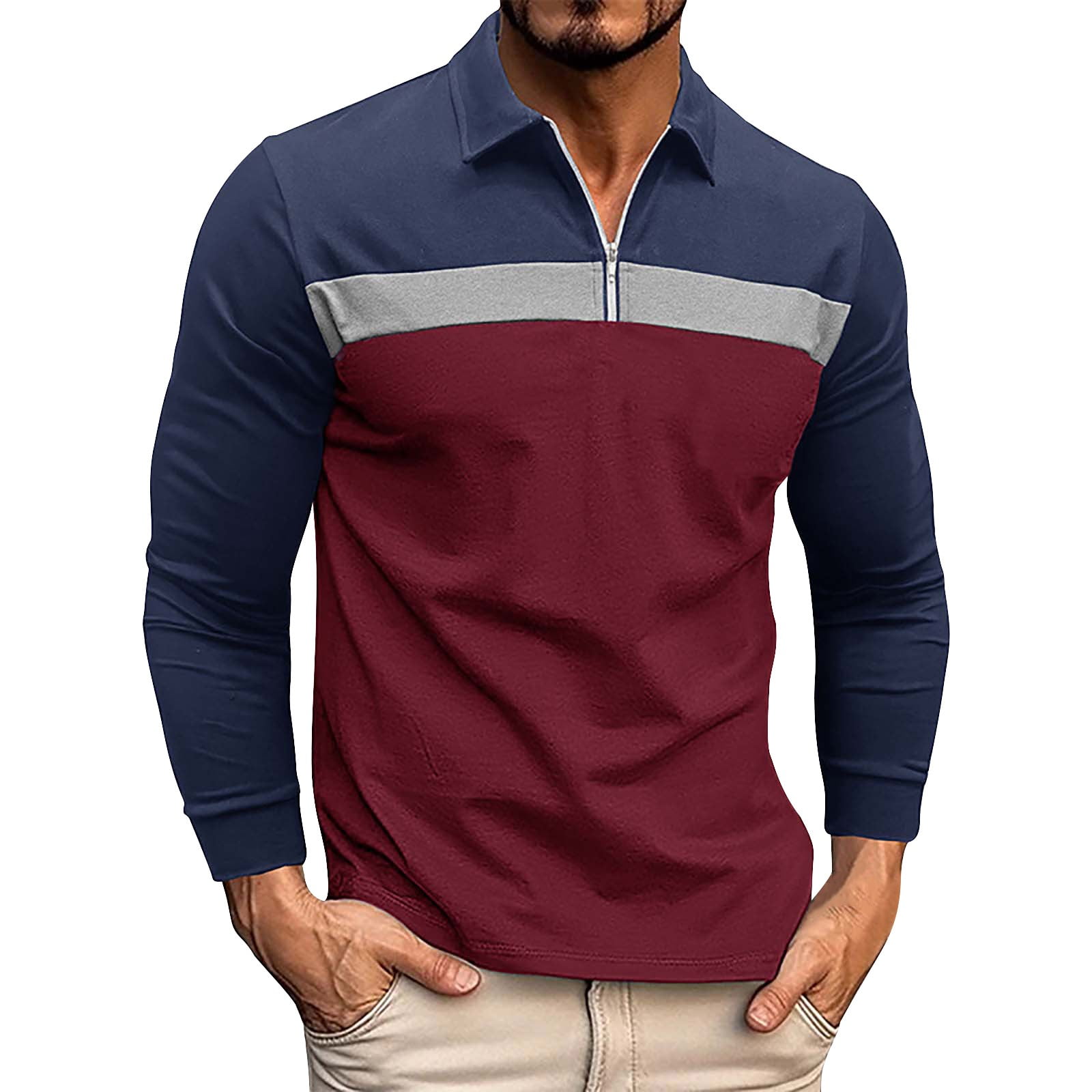 Rlmidhb Long 2025 Polo Shirts for Men Fall Winter Red Color Block Long ...