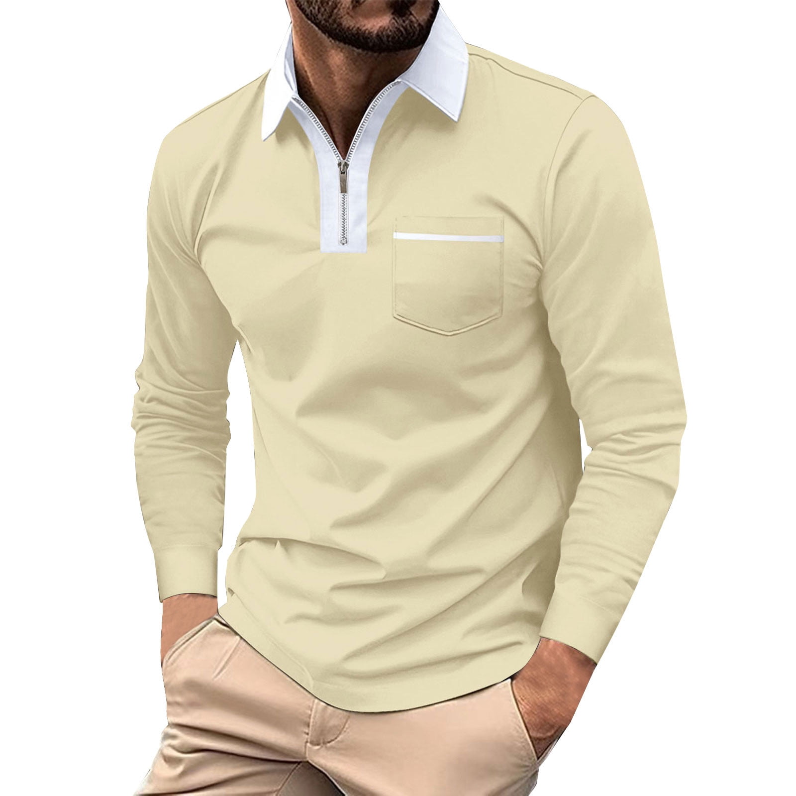 Rlmidhb Long Polo Shirts for Men Beige 2025 Long Sleeve Color Block ...