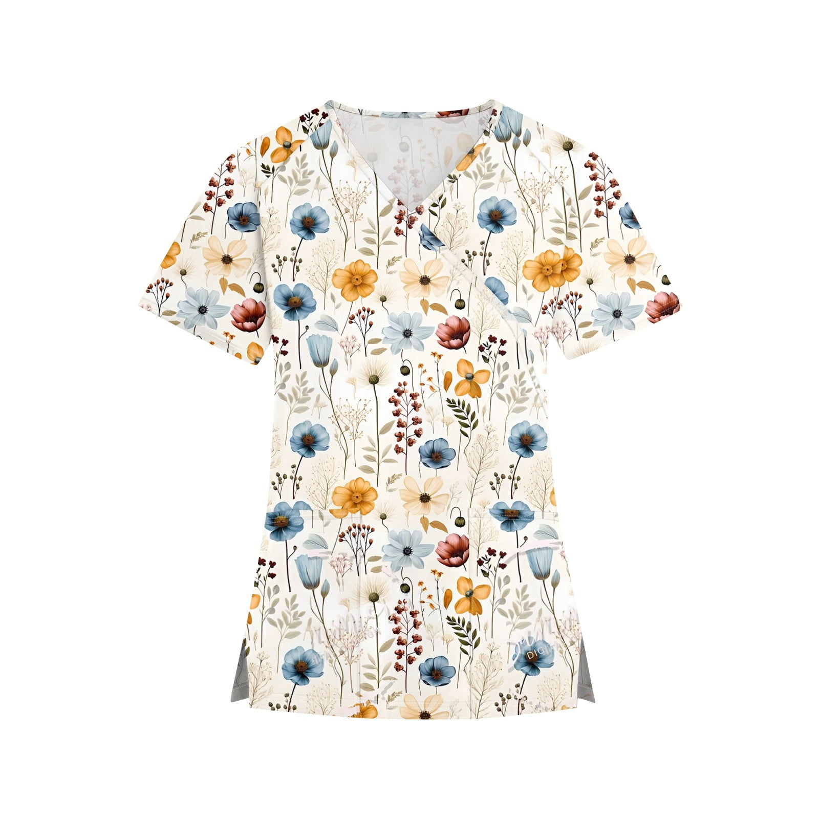Rlmidhb Plus Size Scrub Tops for Women Blue Short Sleeve Floral Print ...