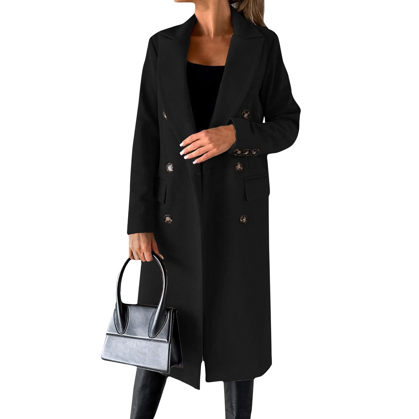 Rlmidhb Trench Coat for Women Fleece Wool Black Solid Color Basic Long ...