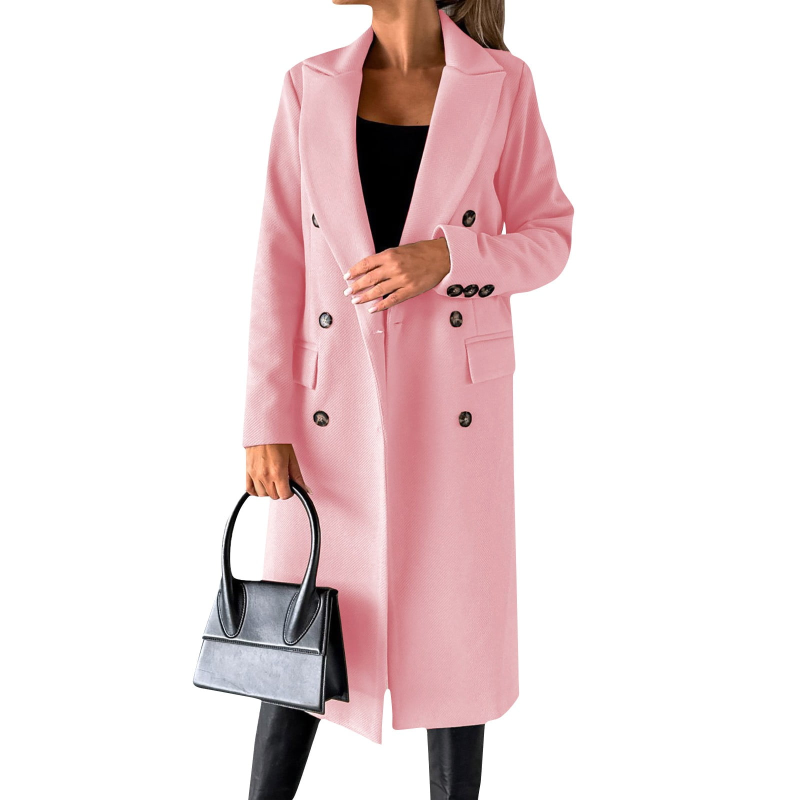 Rlmidhb Trench Coat for Women Fleece Wool Pink Solid Color Basic Long ...