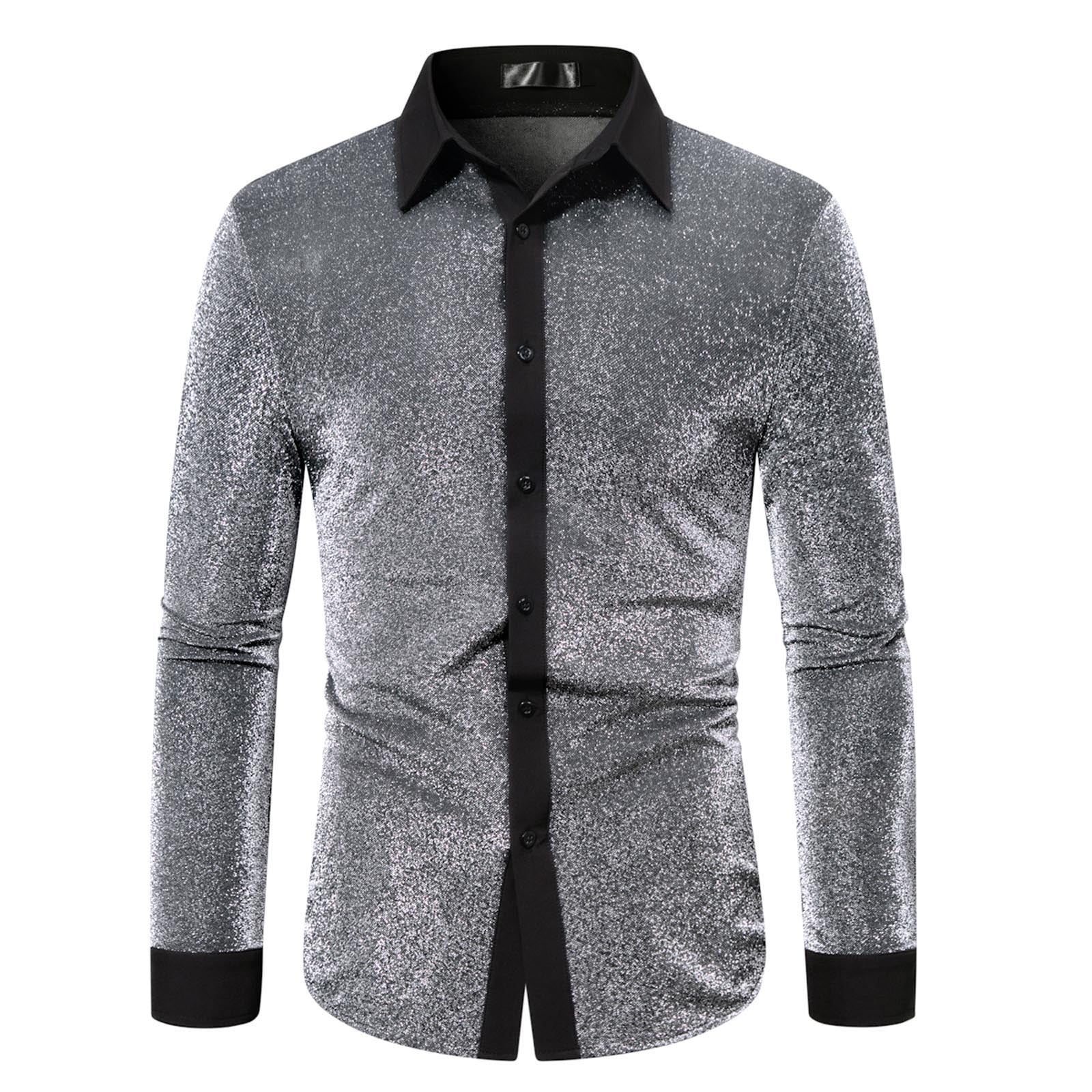 Rloper-Lop Glitter Metallic Shirts for Men Long Sleeve Lapel Blouse ...