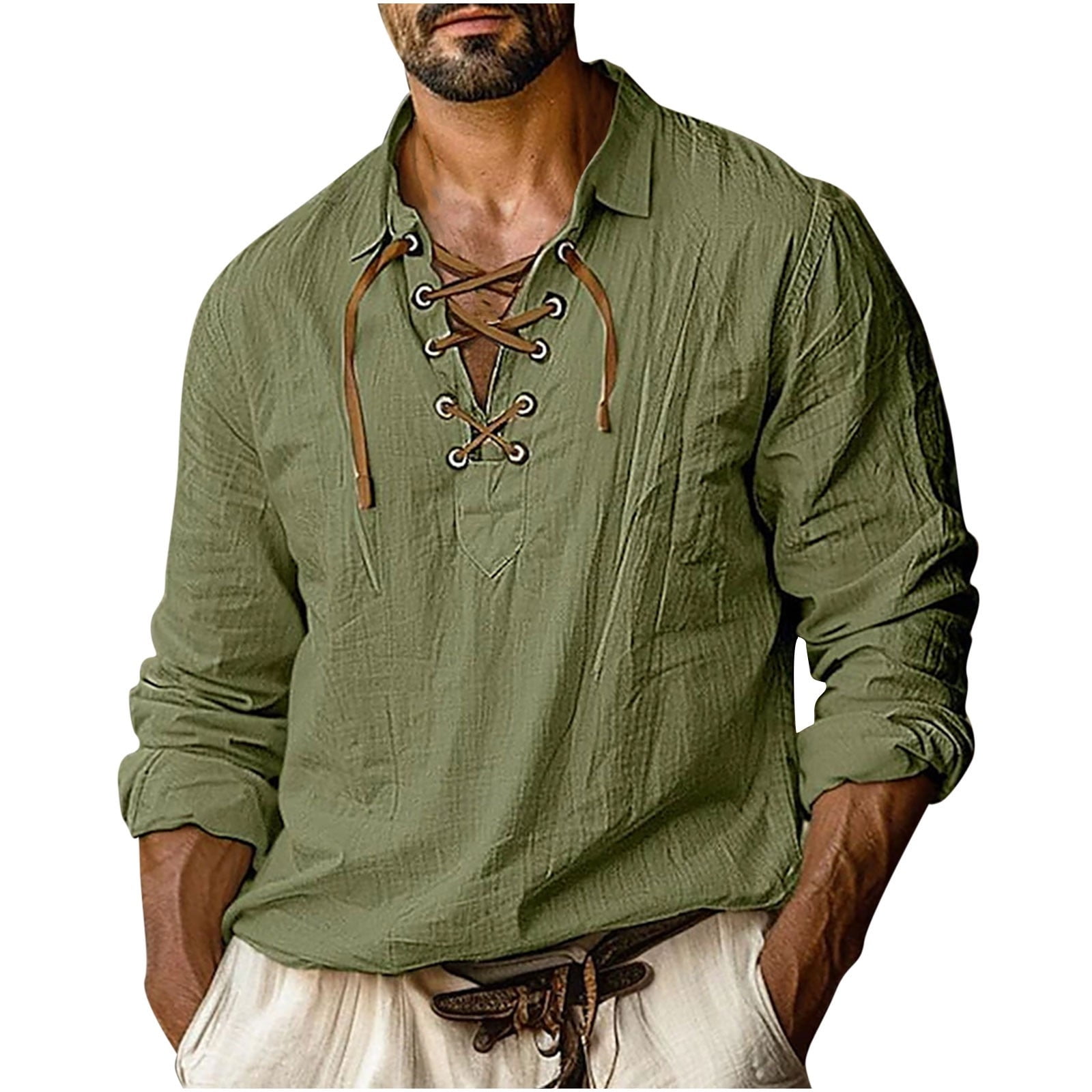 Rloper-Lop Linen Long Sleeve Shirts Men V-Neck Lace Up Tops Solid Color ...