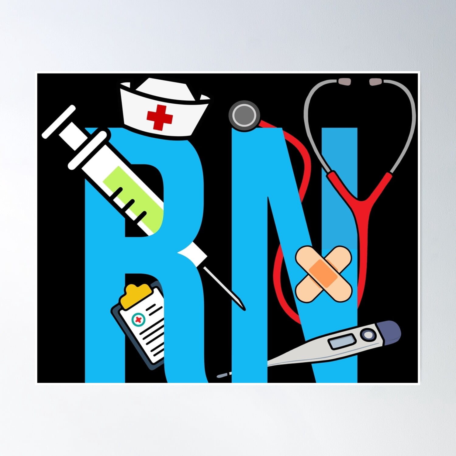 Rn Registered Nurse, Stethoscope And Syringe - Blue Poster Wall Art ...