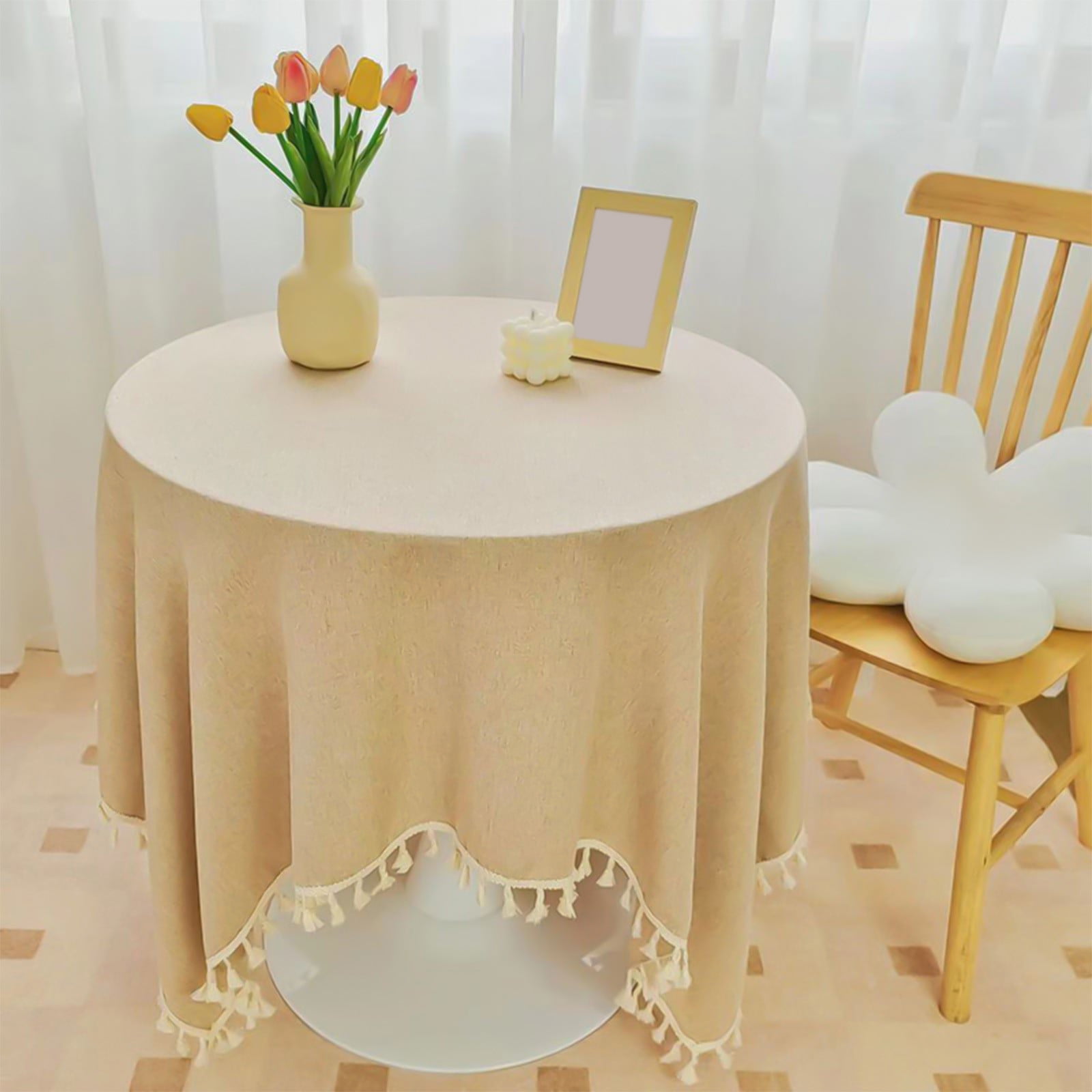 RnemiTe-amo Round Table Cloth,Linen Tablecloths with Fringe for Small ...