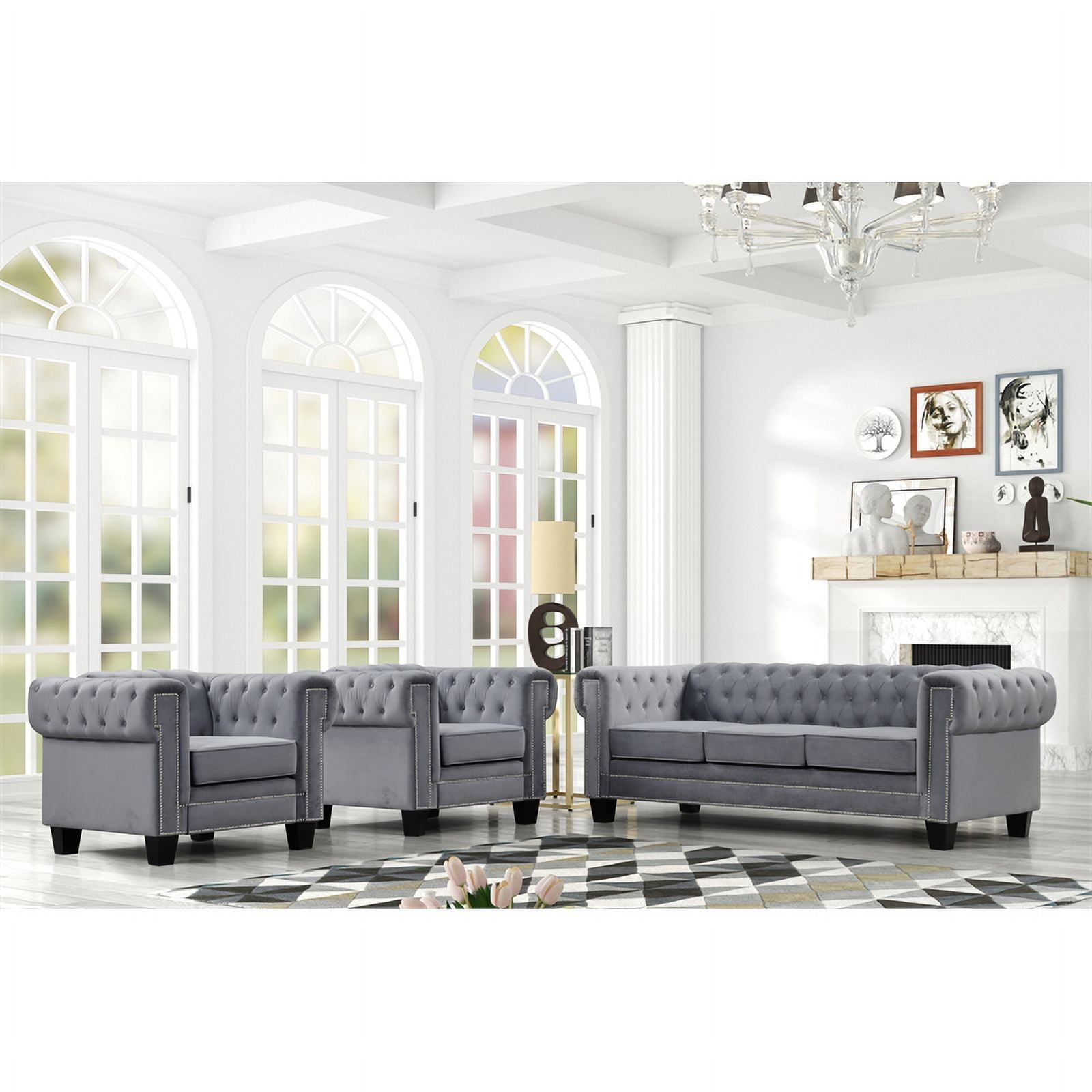 Rnfurnishings inc Ali 3-Piece Living Room Furniture Velvet fabric Set ...