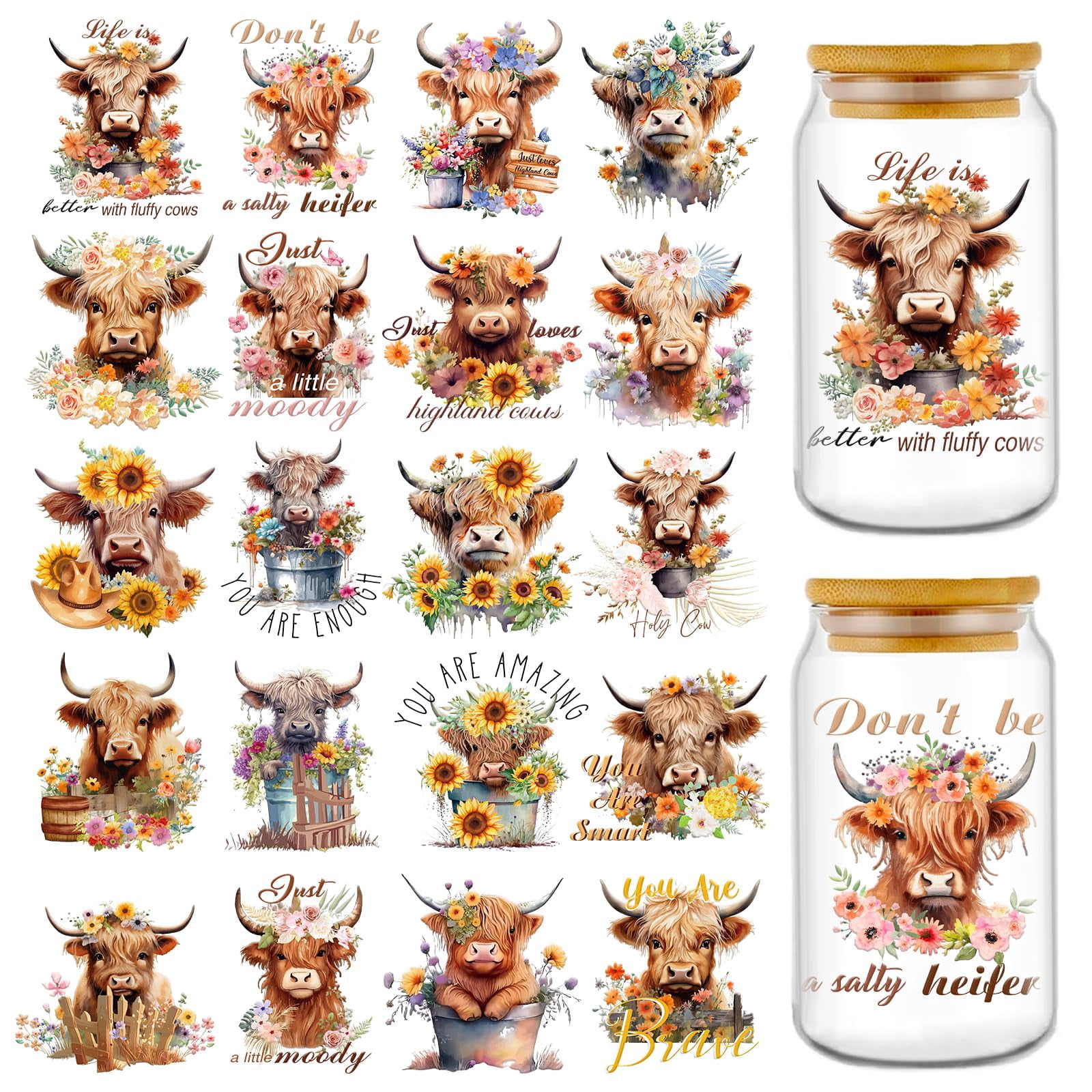 Rngmsi UV DTF Cup AIF9 Wrap - 20 Sheets Highland Cow UV DTF Cup Wraps ...