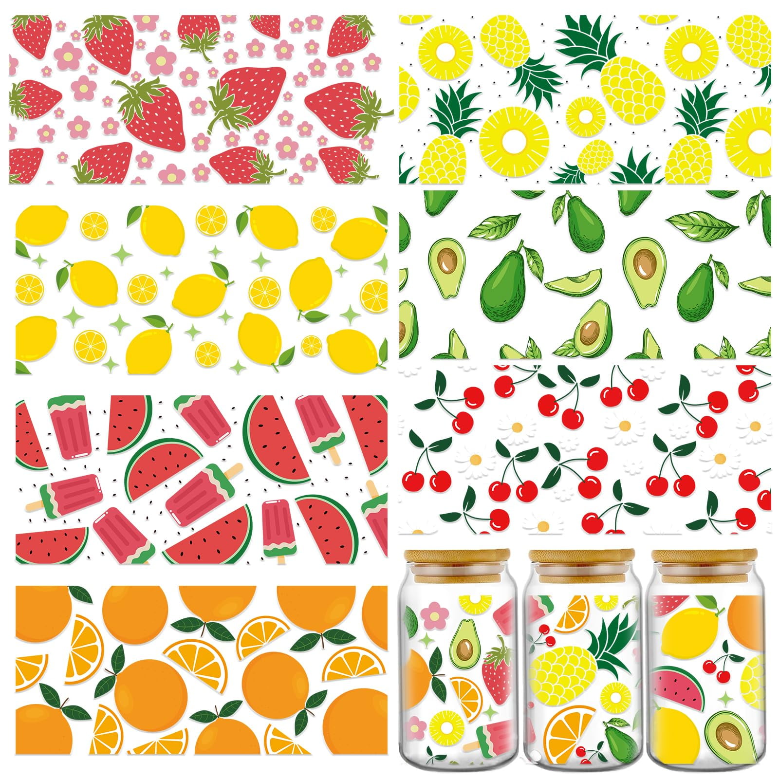 Rngmsi UV DTF Cup TSF6 Wraps for 16 oz - 8 Sheets Fruit UV DTF Wraps, Strawberry Avocado ...