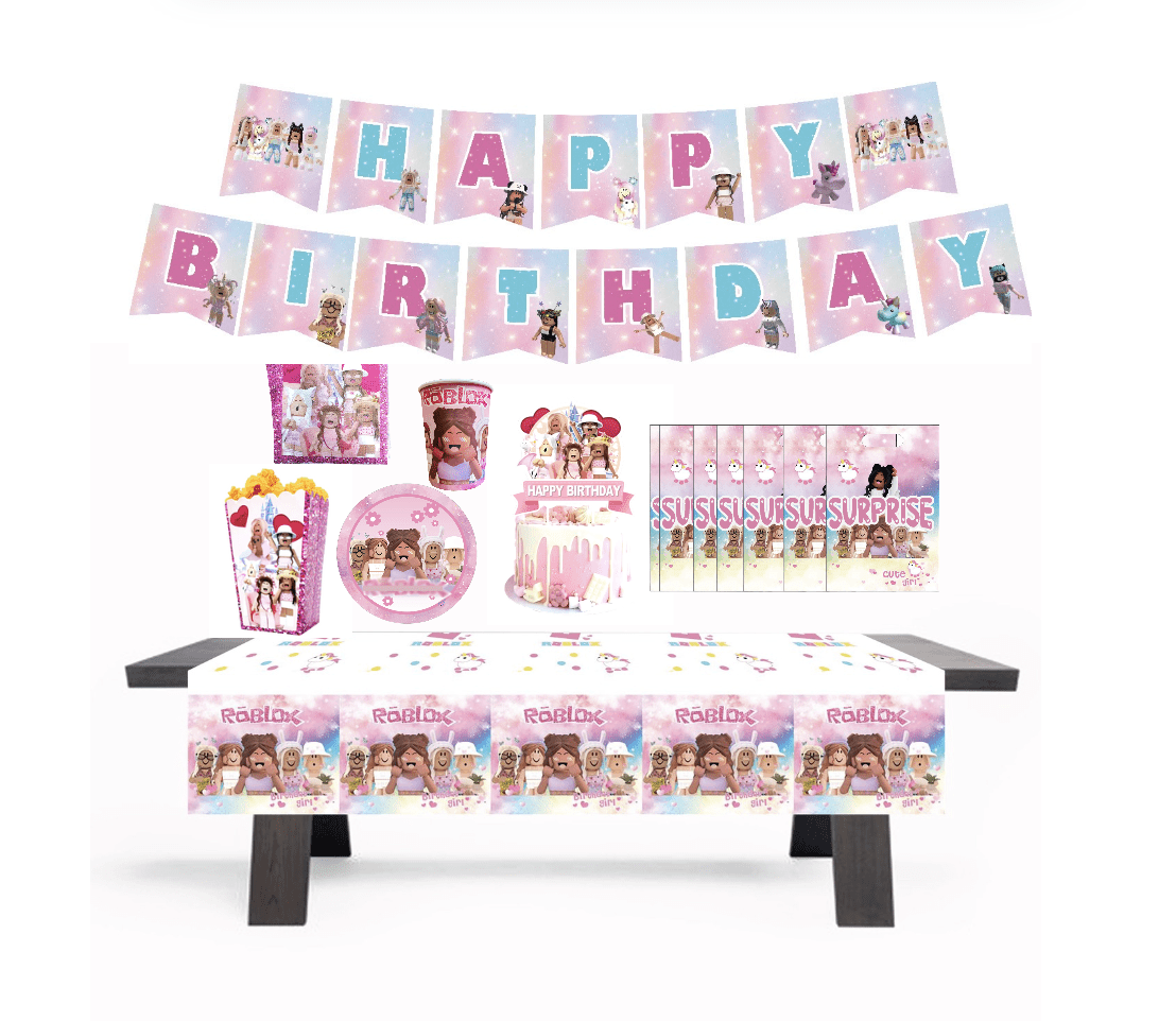 Ro-blox party decor girl pink banner, candy favors bag, tablecloth ...