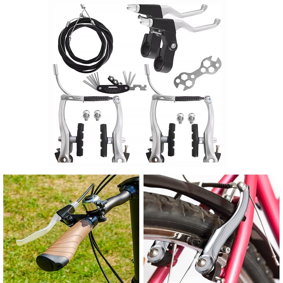 Shopmall Road Bike Aluminum V-Brake Set, Silver Full Kit with Tools ...